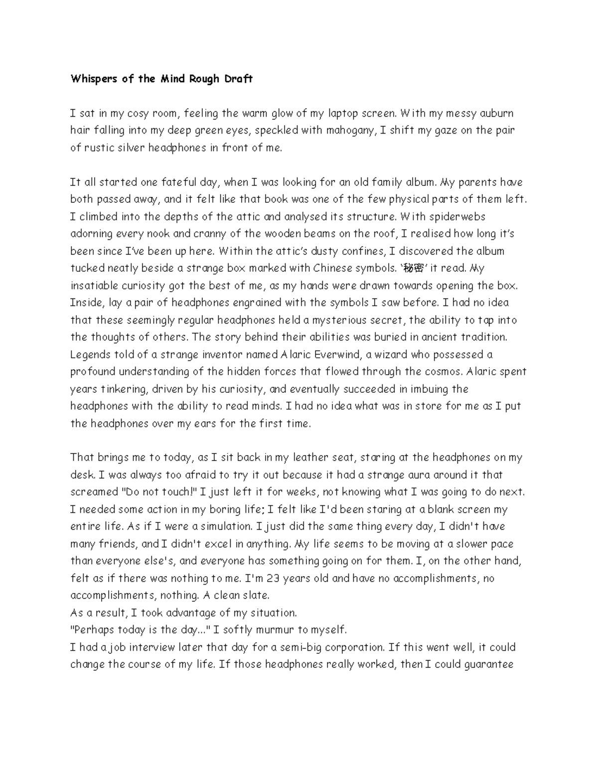 Short Story Draft - Whispers of the Mind Rough Draft I sat in my cosy ...