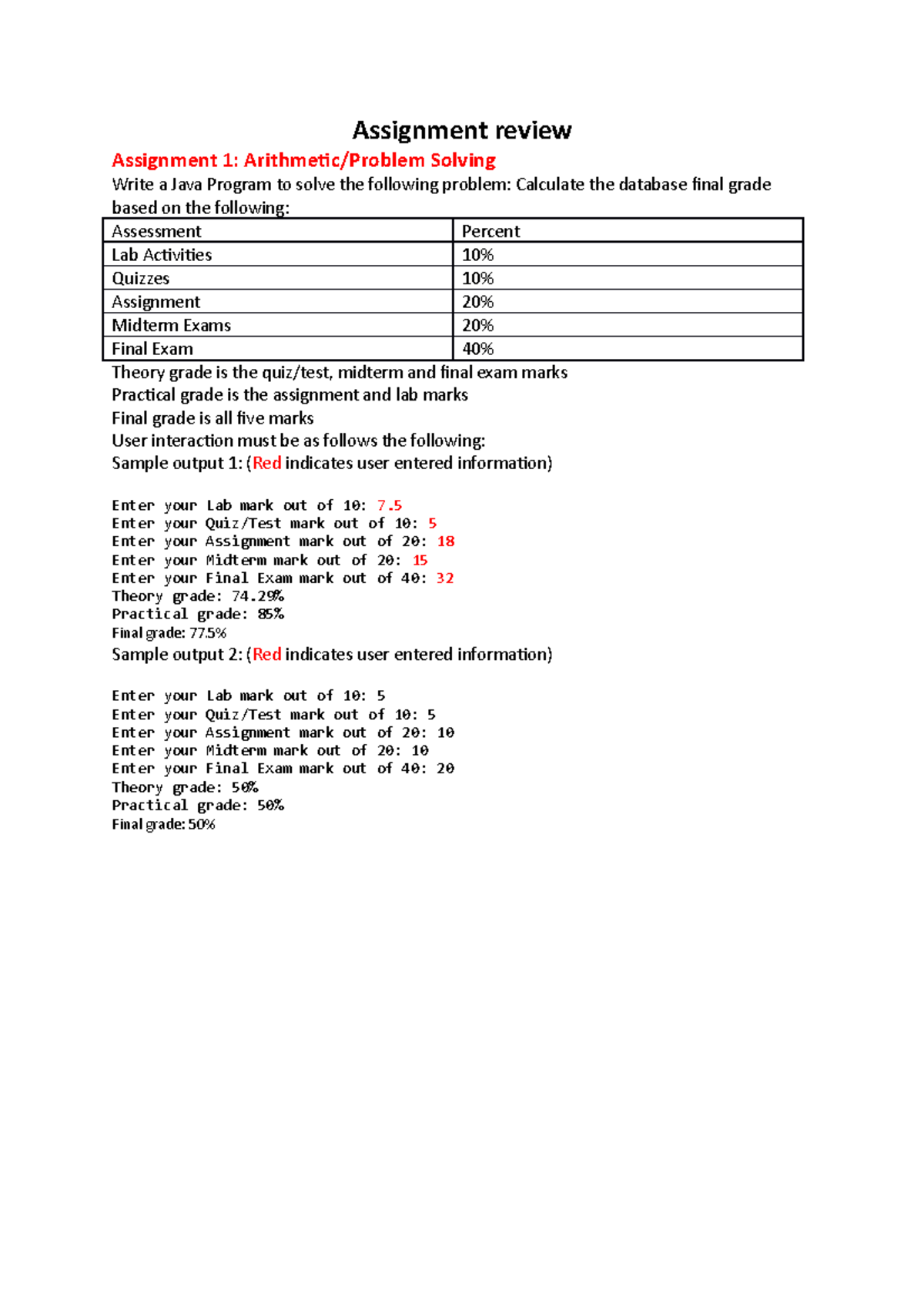 Assignment Review Assignment Review Assignment 1 Arithmeticproblem Solving Write A Java 