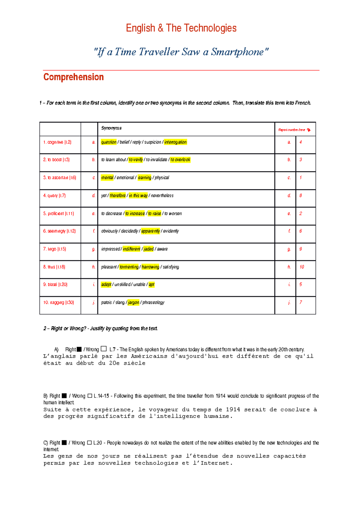 S2 TD1 worksheet - English & The Technologies "If a Time Traveller Saw ...
