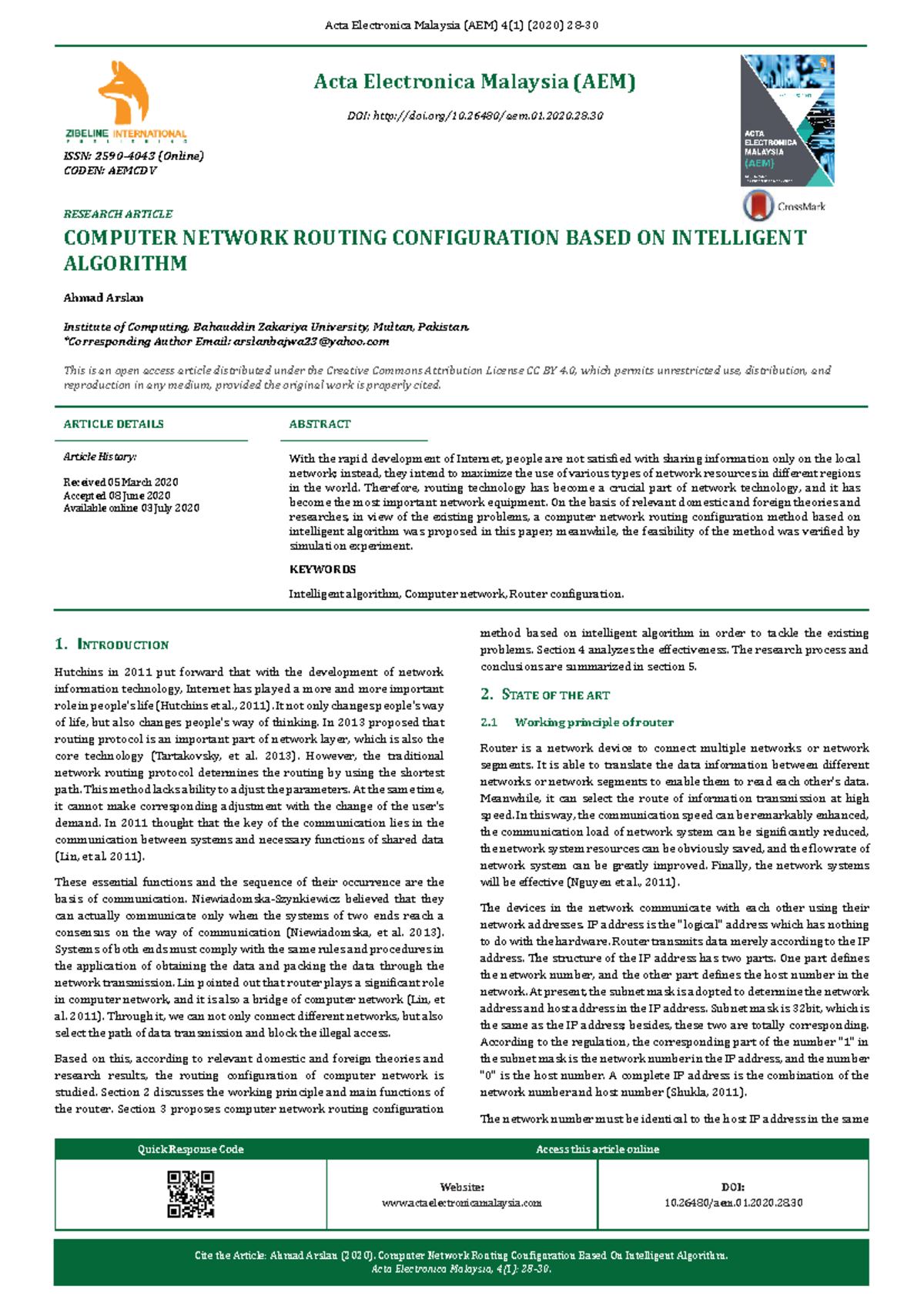 Computer Network Routing Configuration B - Acta Electronica Malaysia (AEM) 4(1) (2020) 28- Quick ...