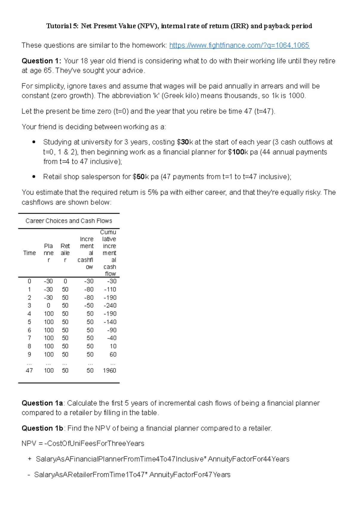 5 tutorial solutions - Tutorial 5: Net Present Value (NPV), internal ...