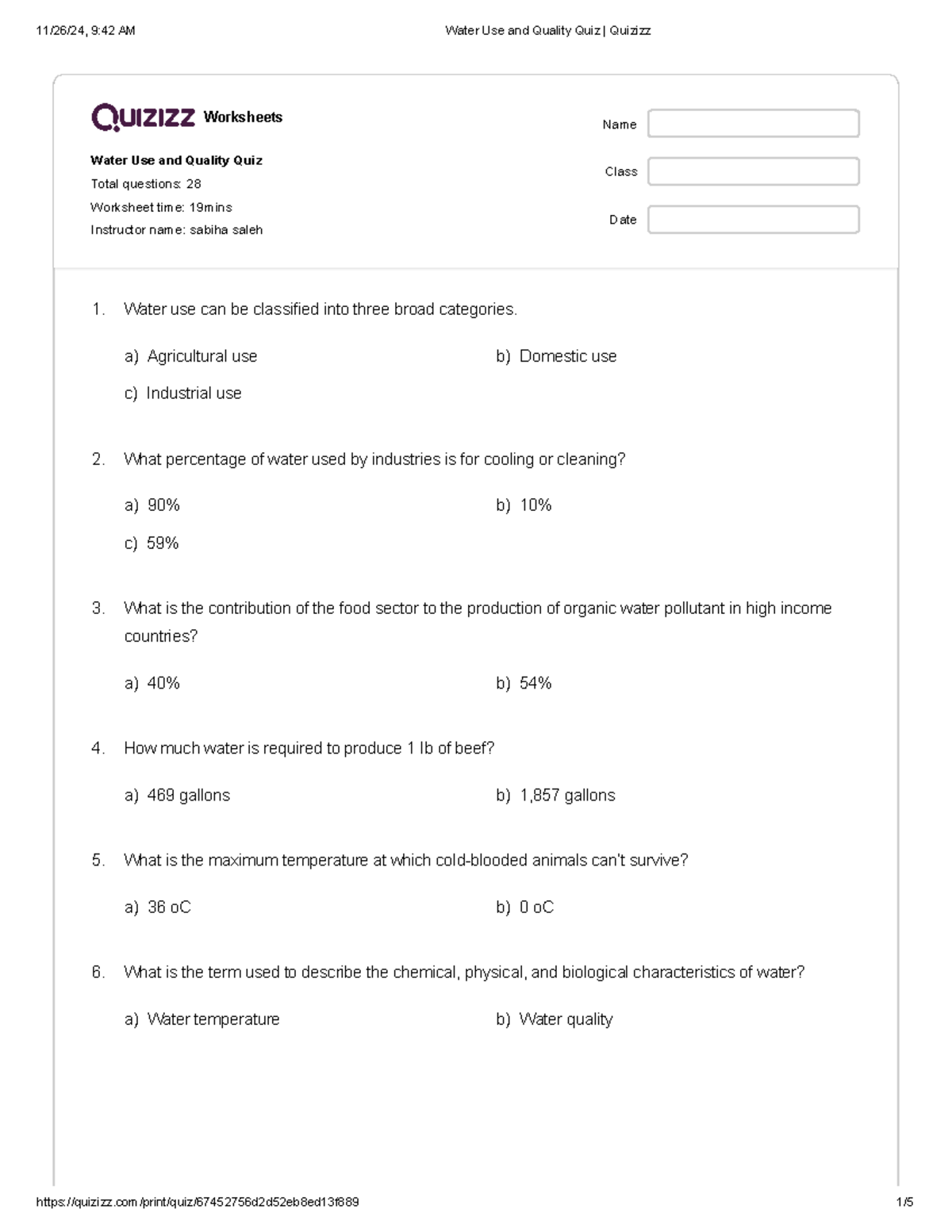 Water Use and Quality Quiz Quizizz - Worksheets Water Use and Quality ...