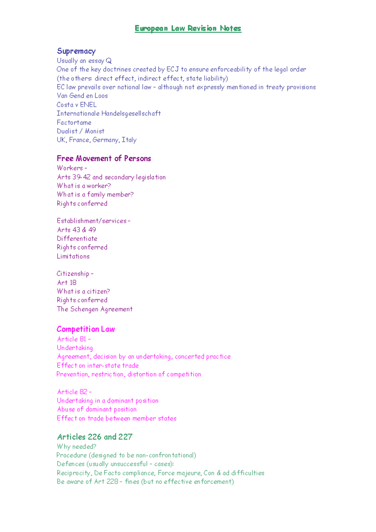 Llb european revision notes - European Law Revision Notes Supremacy ...