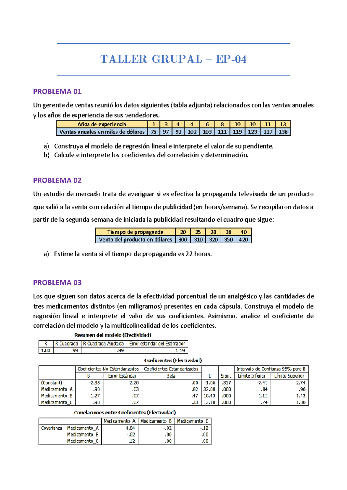 E Inferencial 2h Taller Grupal EP 04 - TALLER GRUPAL – EP- 04 PROBLEMA 01 Un gerente de ventas ...