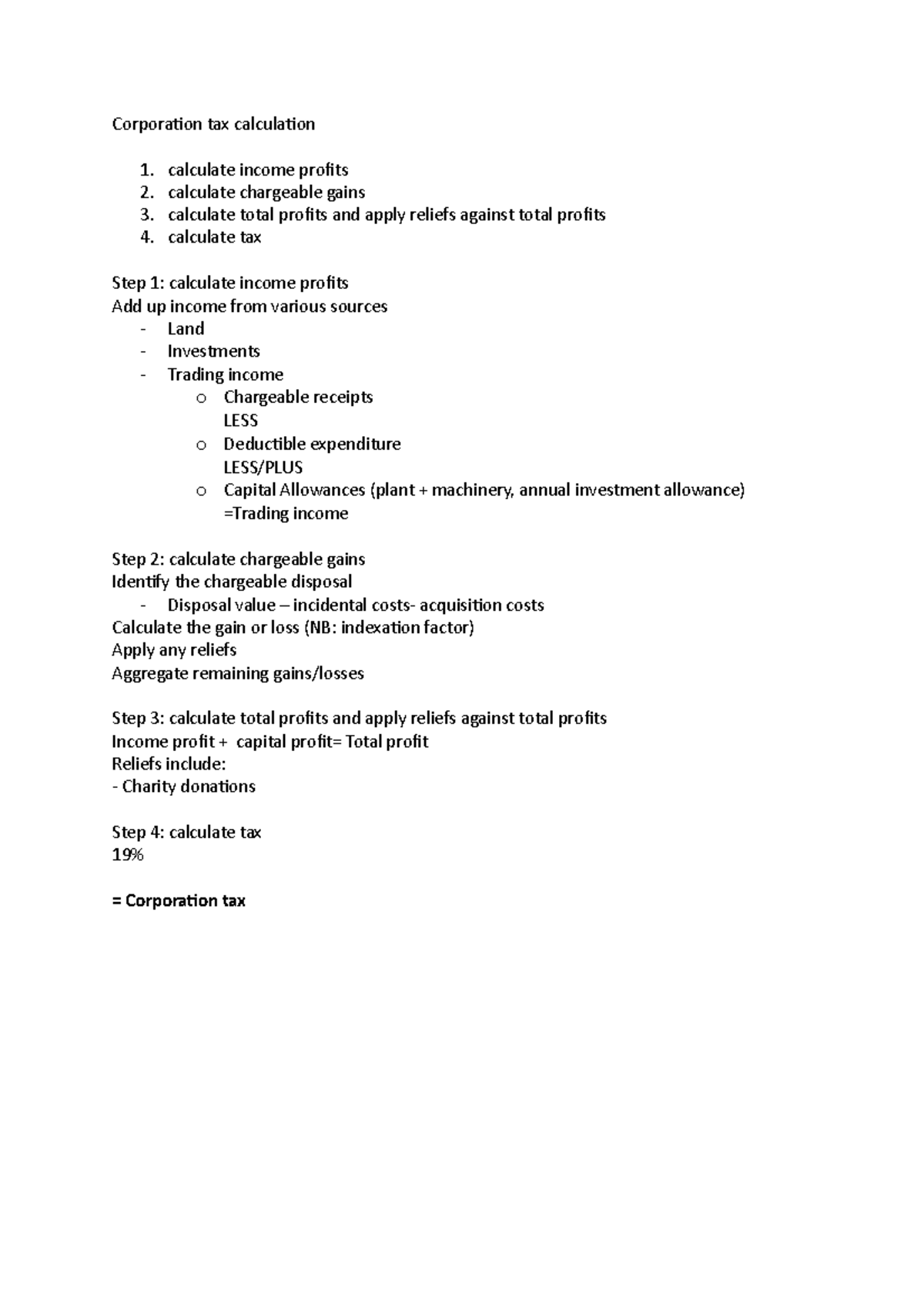 Corporation tax notes - Corporation tax calculation calculate income ...