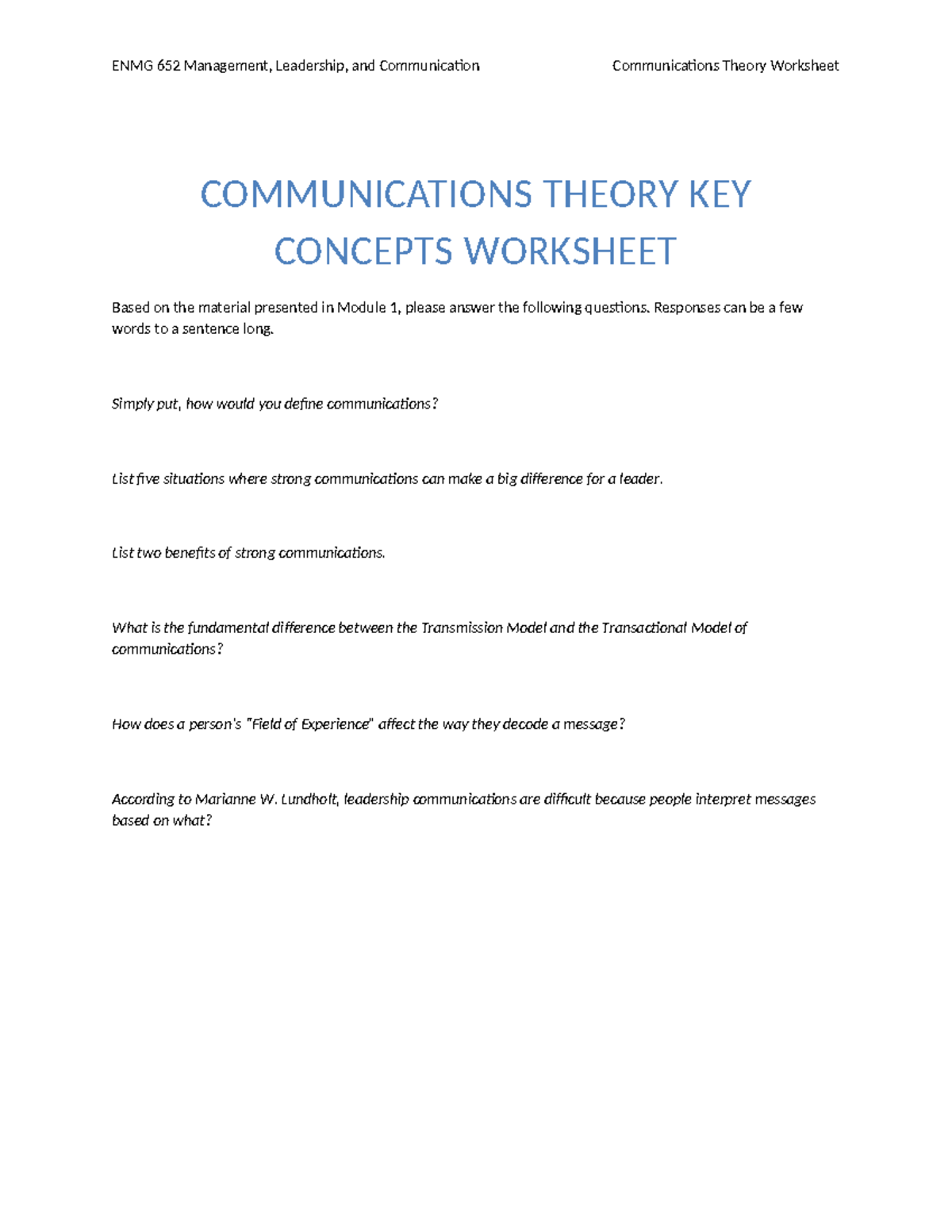 Communications Theory Key Terms Worksheet - Tagged - ENMG 652 ...