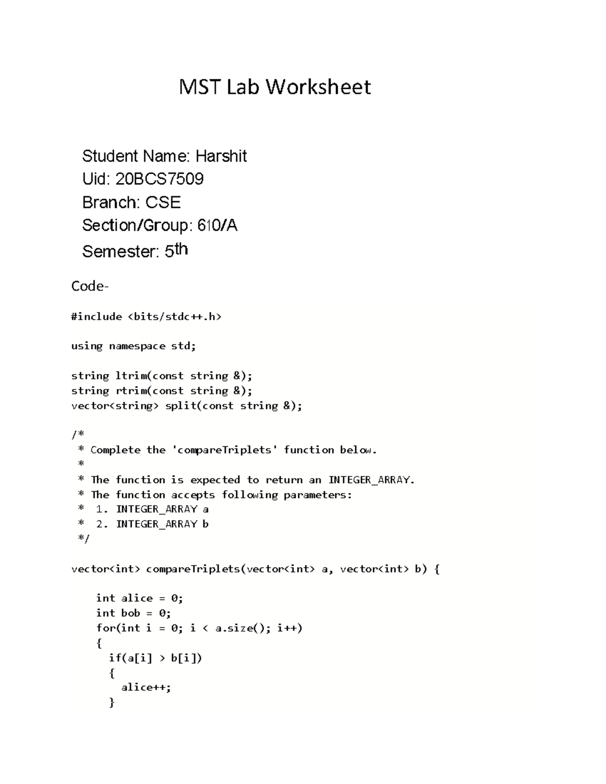 20 BCS 7509 Harshit - linked list - MST Lab Worksheet Student Name: Harshit Uid: 20BCS Branch ...