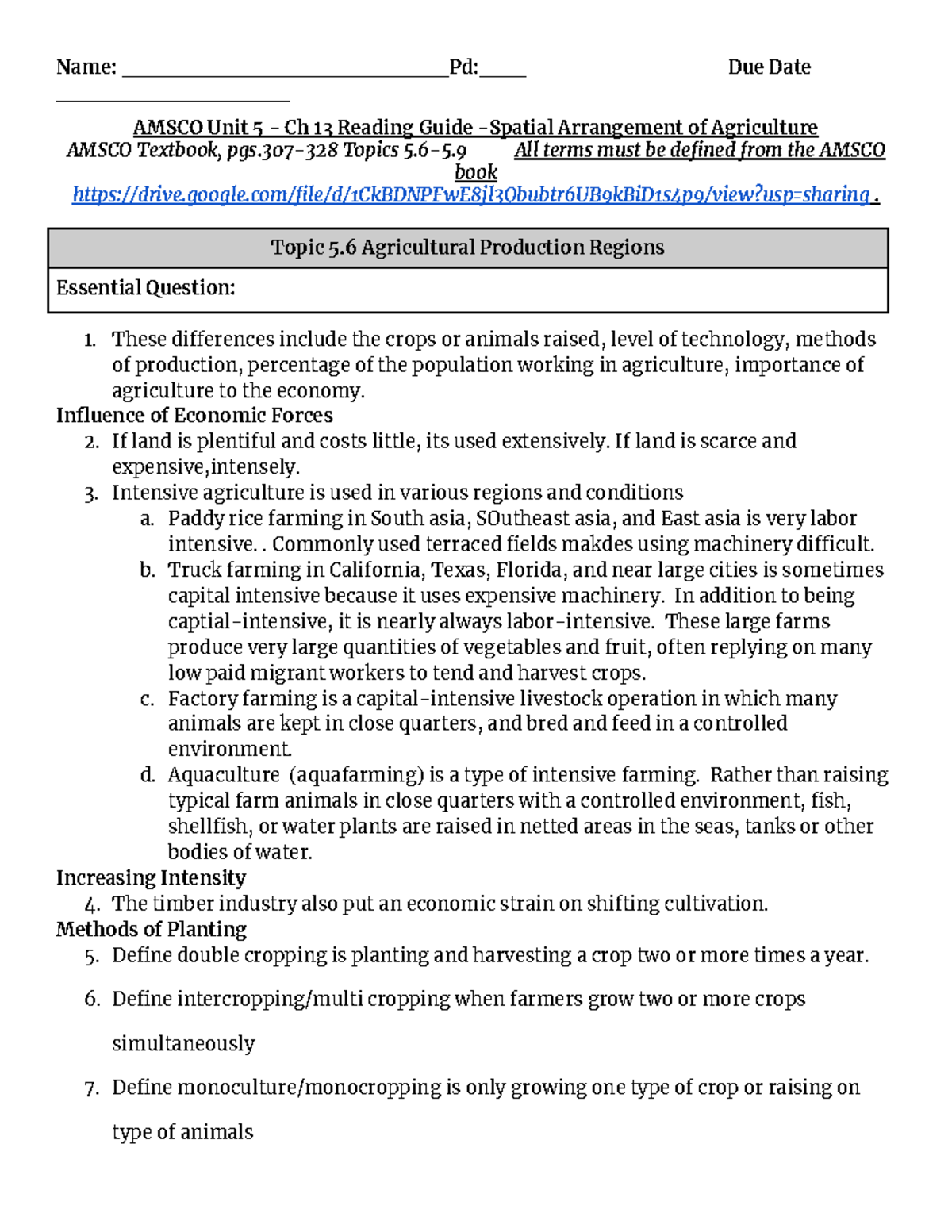 Amsco Unit 5 - Ch 13 Reading Guide -Spatial Arrangment of Agriculture ...