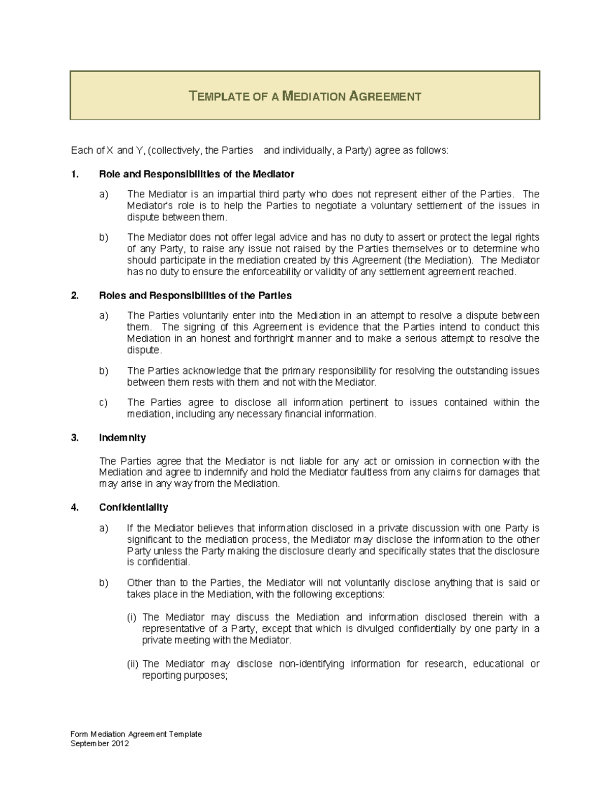 Mediation plan - Form Mediation Agreement Template September 2012 ...