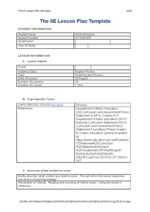 The IIE Lesson Plan Template Reading - The IIE Lesson Plan Template ...