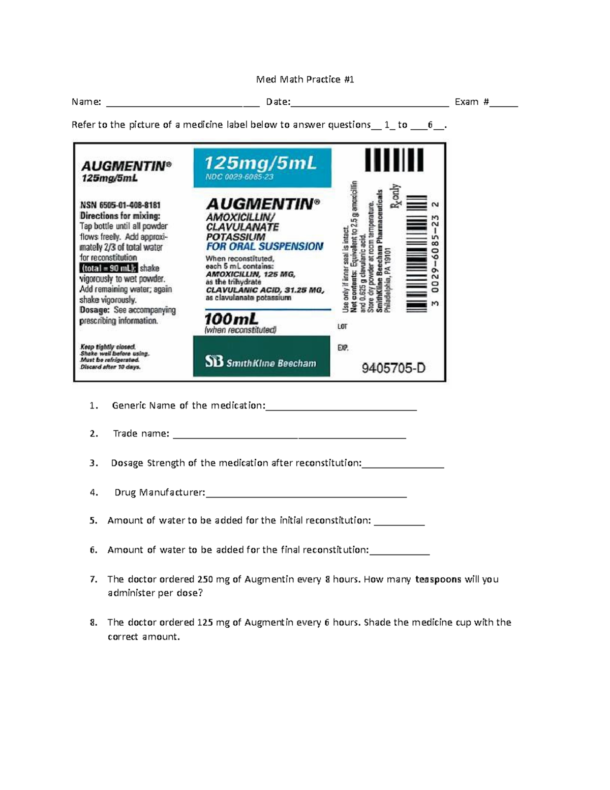 Med Math Practice 1 - Generic Name of the medication ...