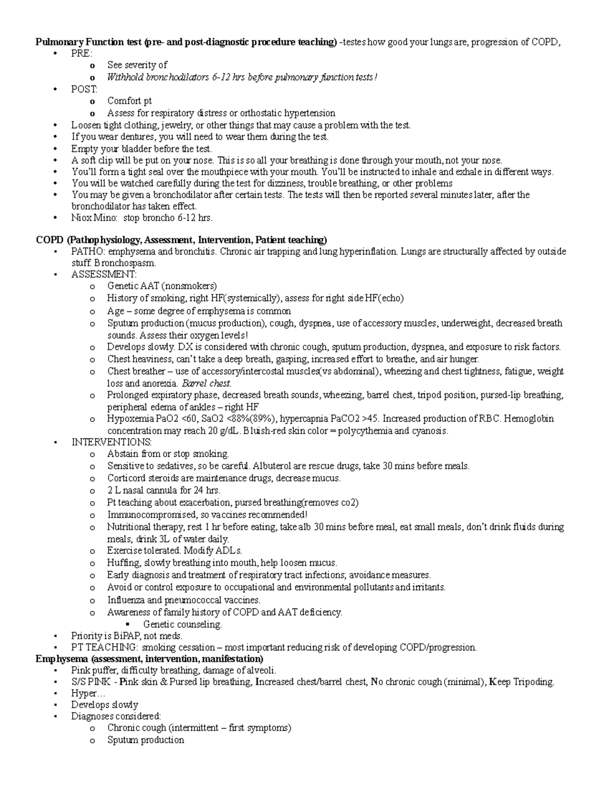 intermediate med surg class notes - Pulmonary Function test (pre- and ...