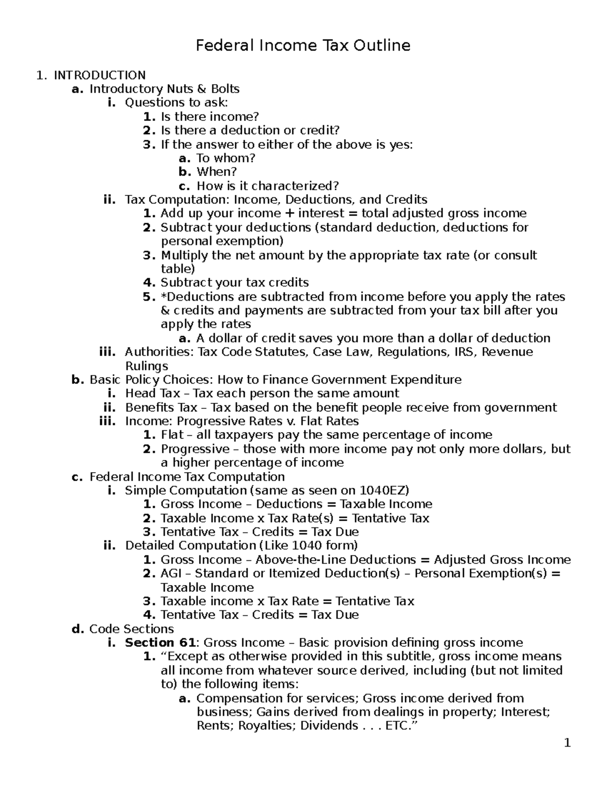 Federal Income Tax Infanti 2017 - Federal Income Tax Outline 1 ...