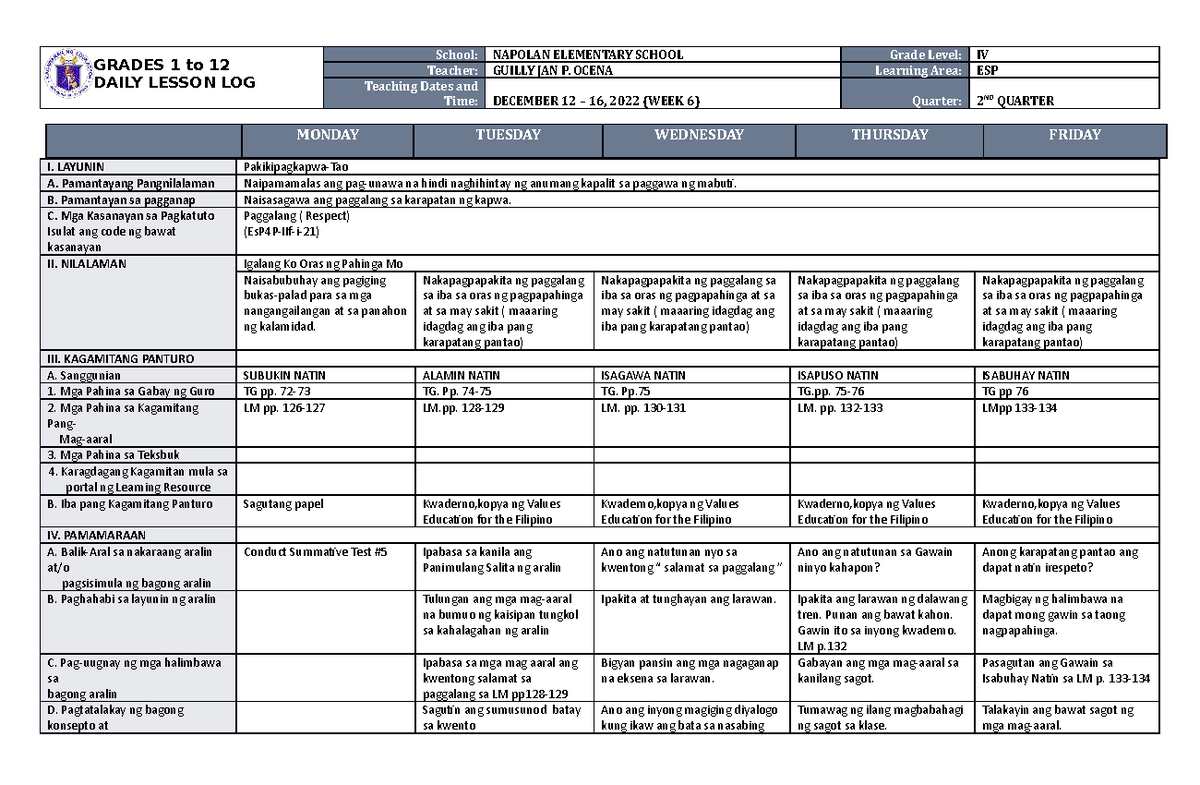DLL ESP 4 Q2 W6 - HELL - GRADES 1 to 12 DAILY LESSON LOG School ...