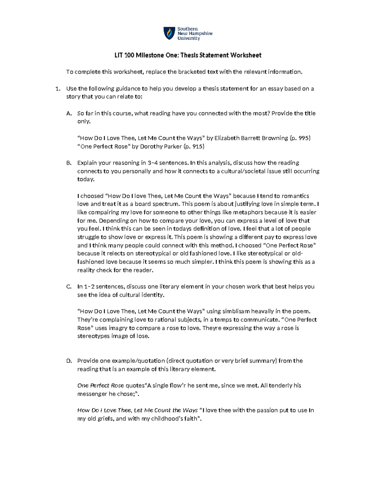 LIT 100 Milestone One Thesis Statement Worksheet - Use the following ...