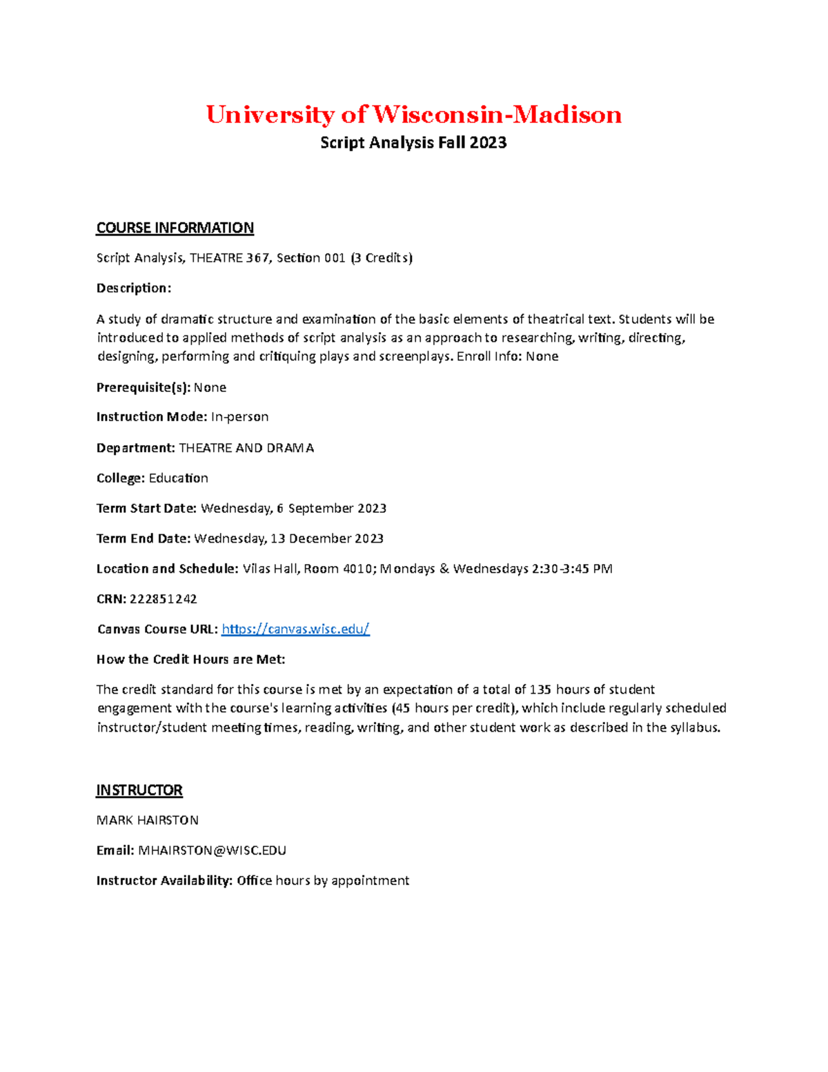 Script Analysis Syllabus Fall 2023 - University of Wisconsin-Madison ...