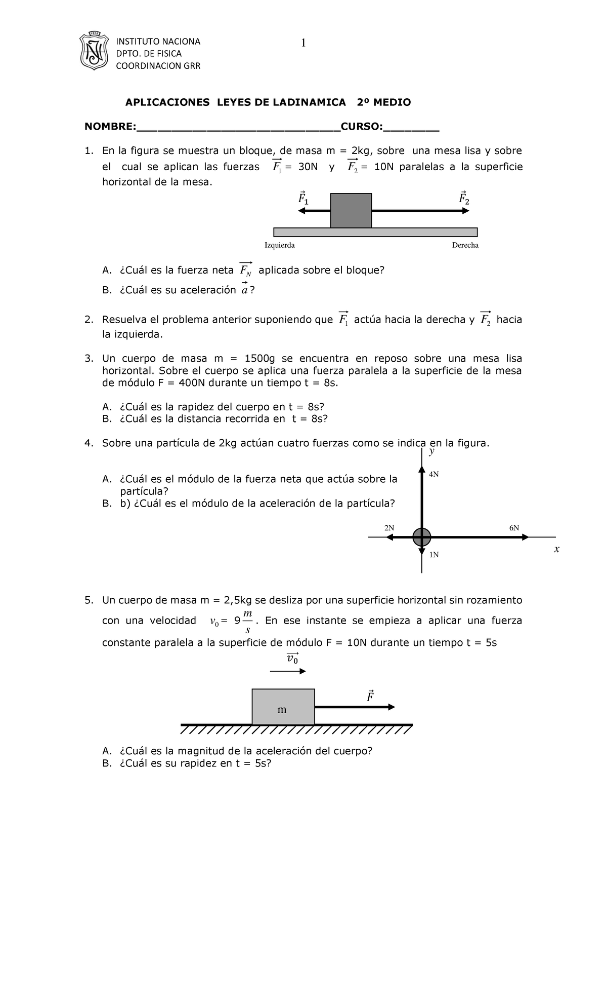Guia e ejercicios - DPTO. DE FISICA COORDINACION GRR 1 APLICACIONES LEYES DE LADINAMICA 2º MEDIO ...