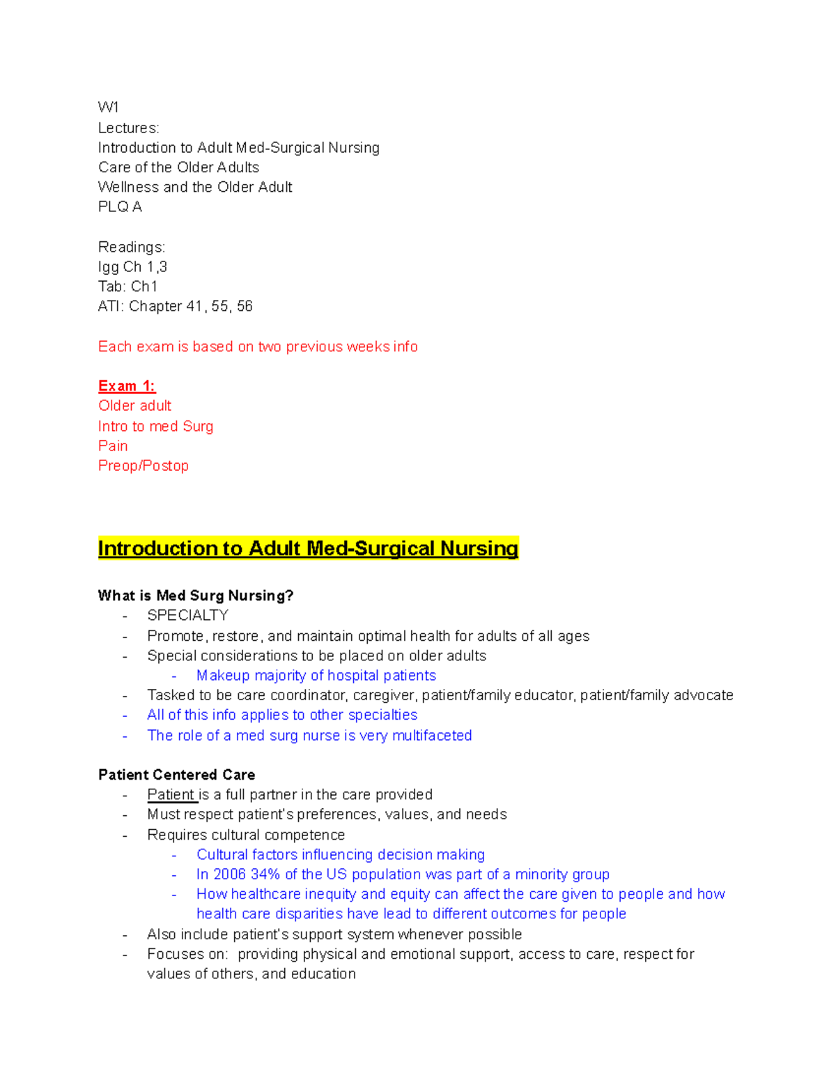 Med Surge W1 - Notes with PPt Headlines - W Lectures: Introduction to ...