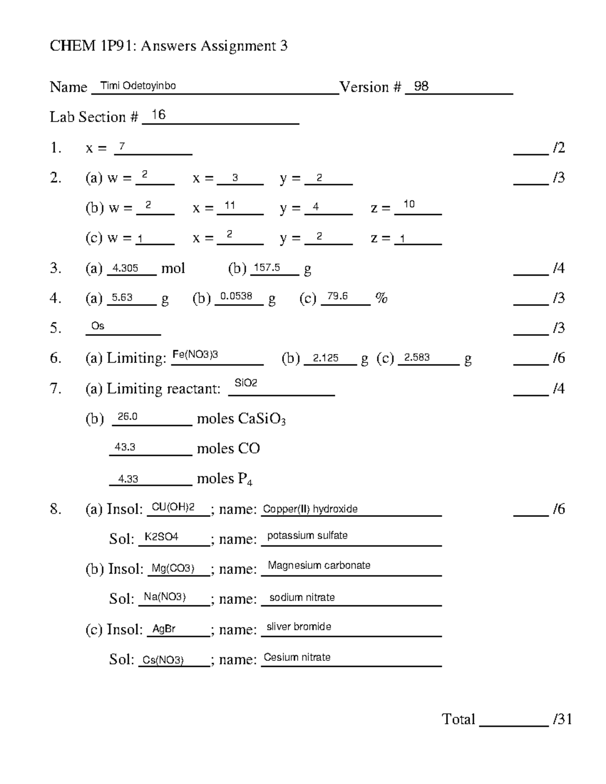 A3 answer sheet - CHEM 1P91 - CHEM 1P91: Answers Assignment 3 Name ...
