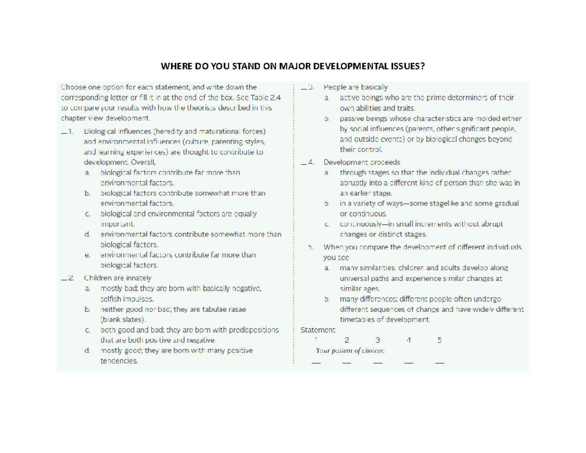 Activity 1 - Where do you stand on major developmental issues - Human ...