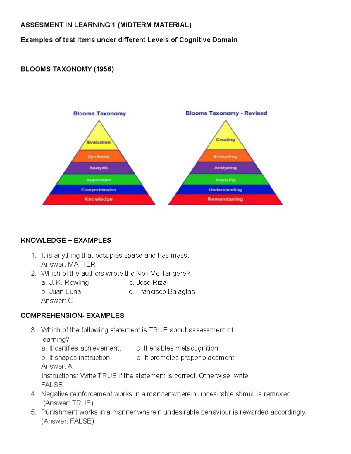 Assesment IN Learning 1 ( Midterm 1) - ASSESMENT IN LEARNING 1 (MIDTERM ...