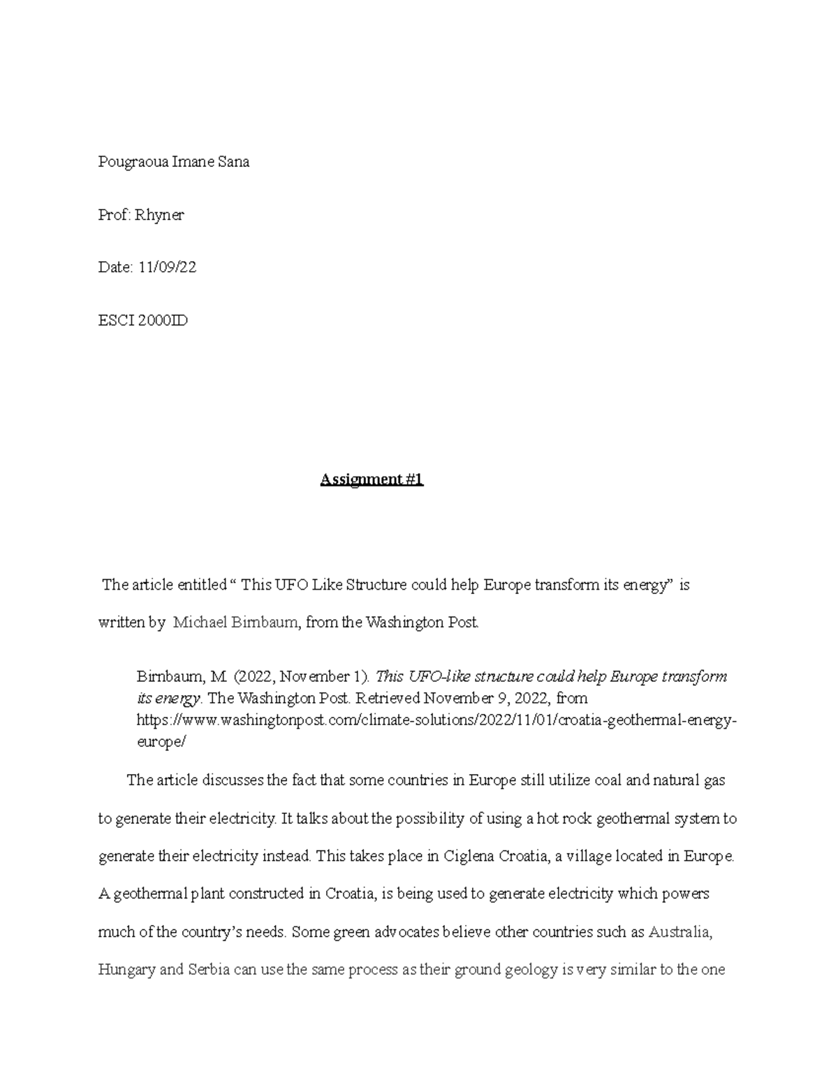 Energy ressouce hw#1 - assignments - Pougraoua Imane Sana Prof: Rhyner Date: 11/09/ ESCI 2000ID ...