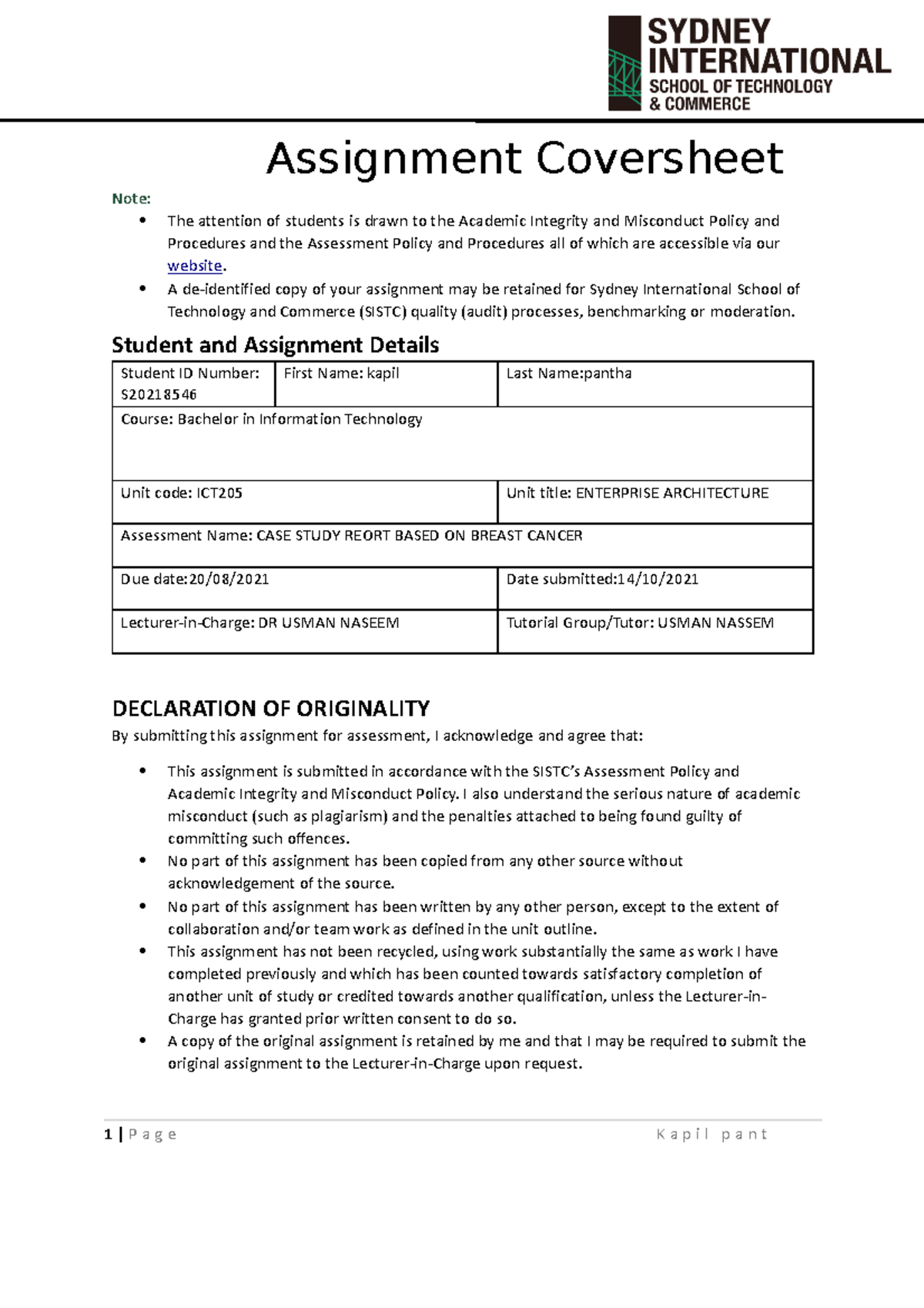 Cover 11 - Note: Assignment Coversheet The attention of students is ...