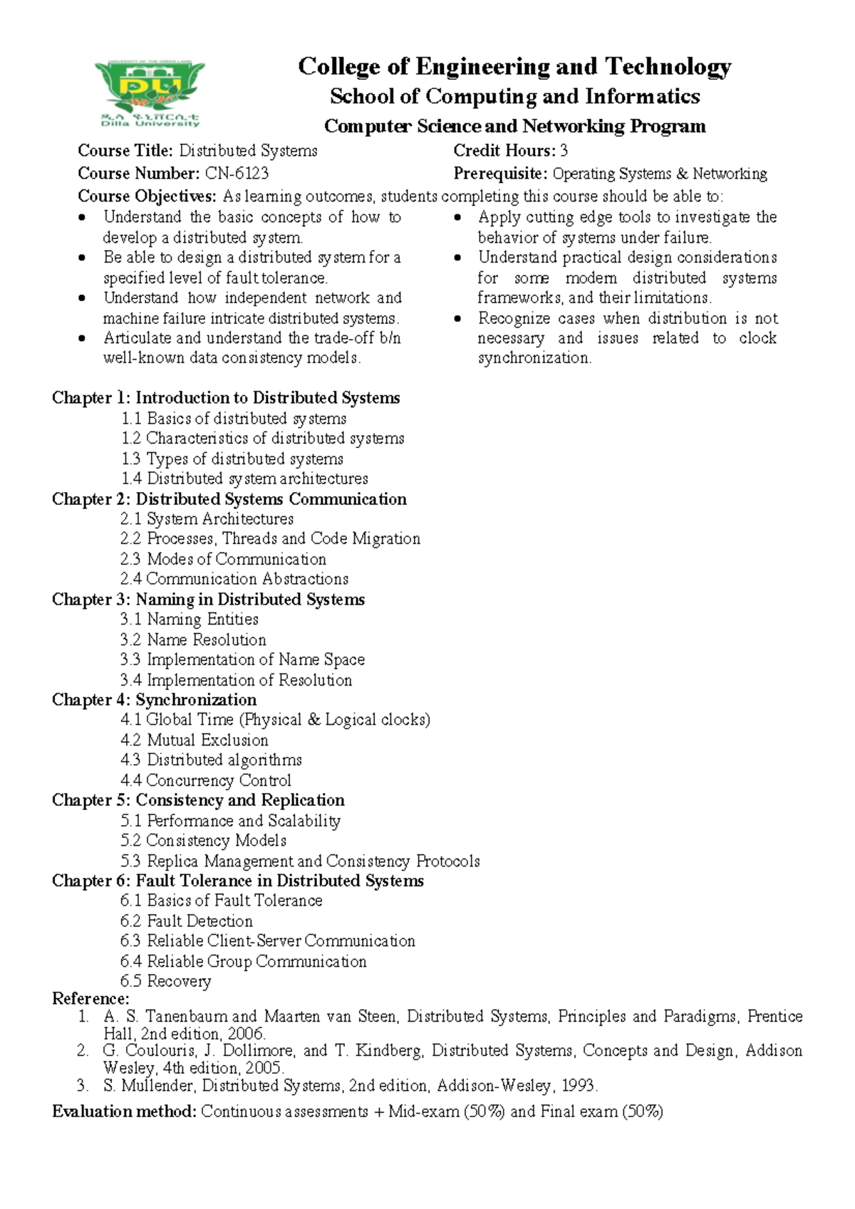 Distributed Systems Course Outline College Of Engineering And Technology School Of Computing