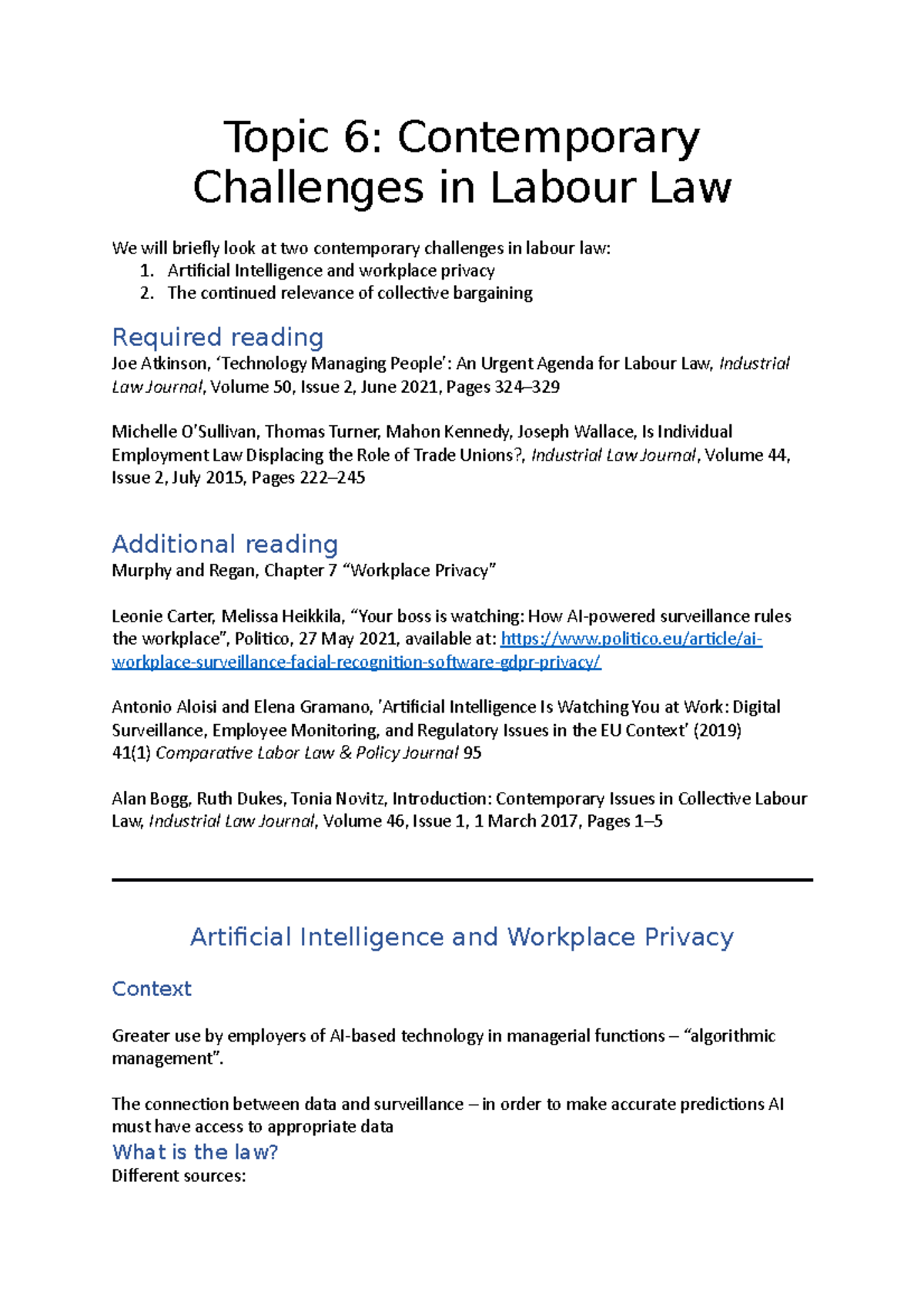 Topic 6 Contemporary Challenges in Labour Law Class Notes - Topic 6 ...