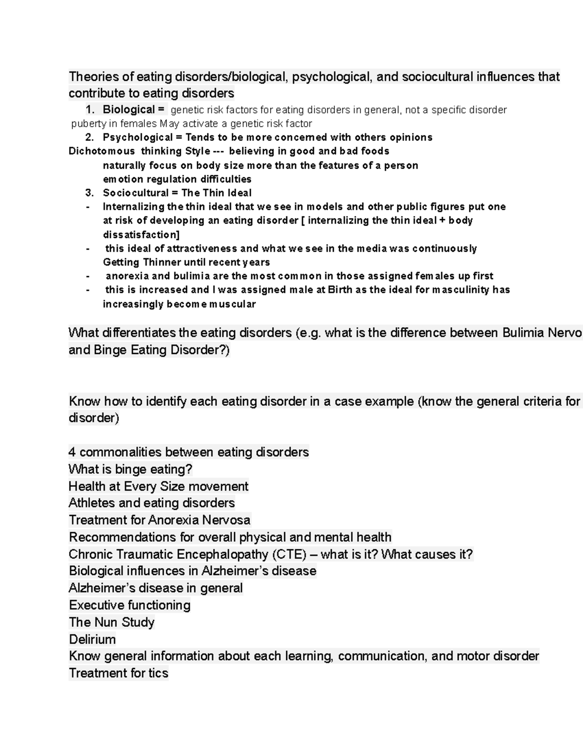 Abnormal PSY EXAM 3 Outline - Theories of eating disorders/biological ...