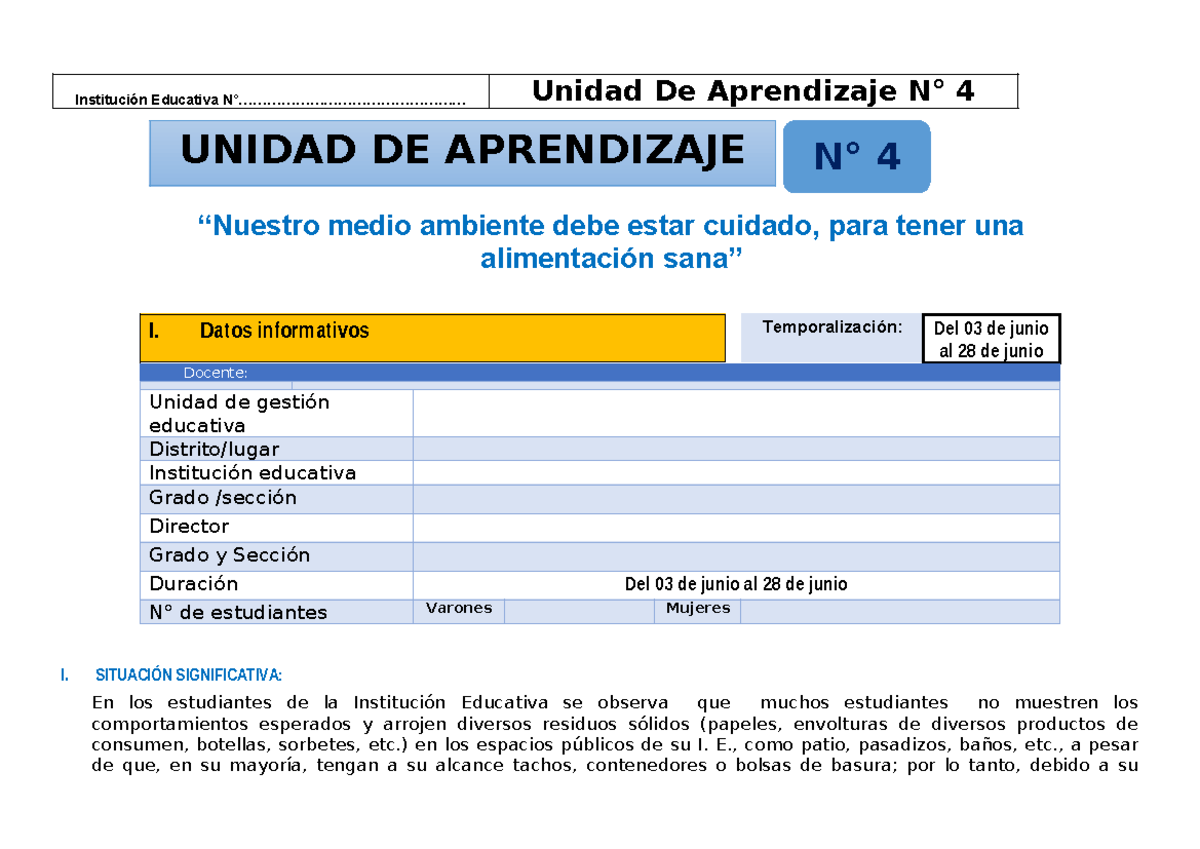 3° Grado - Unidad DE Aprendizaje N° 04 - N° 4 “Nuestro medio ambiente ...