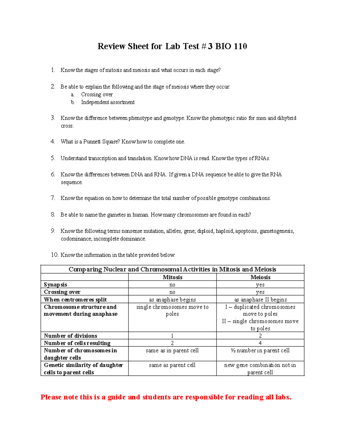 Review Sheet for Lab Test # 3 BIO 110 - Review Sheet for Lab Test # 3 ...