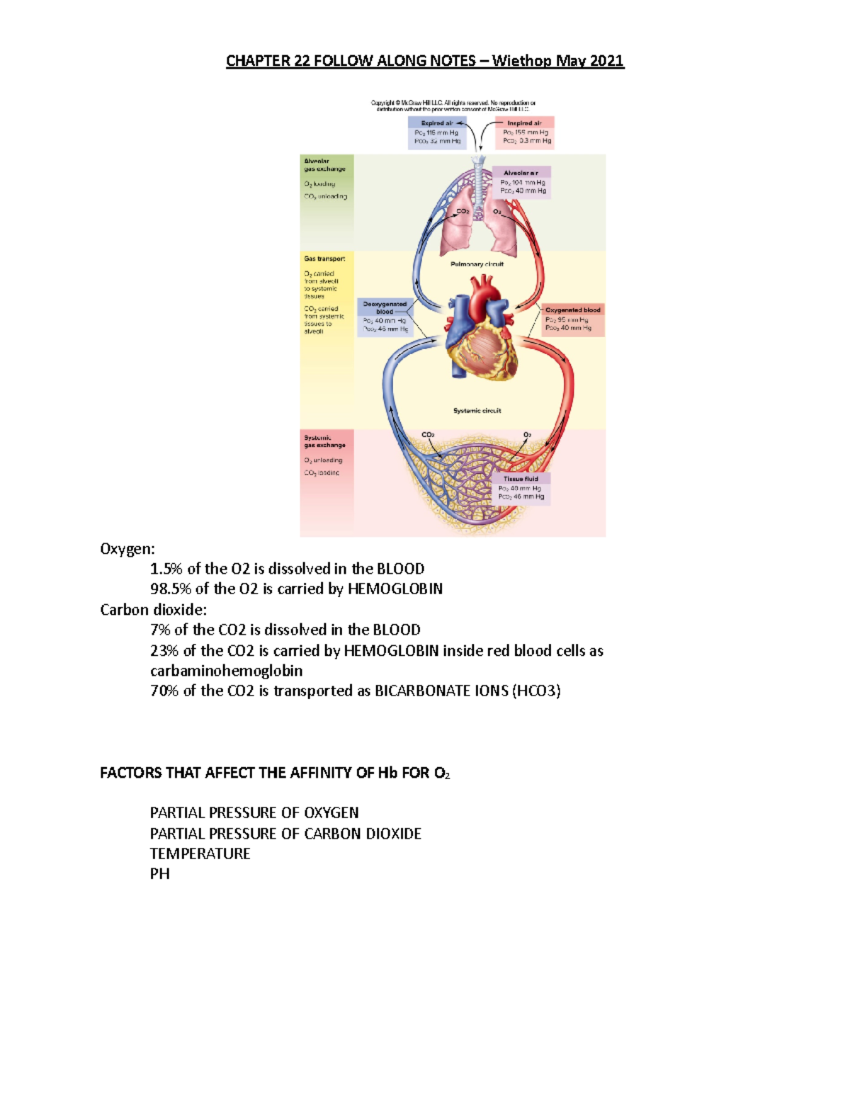 WK 7 Outline - resp notes - Oxygen: 1% of the O2 is dissolved in the ...