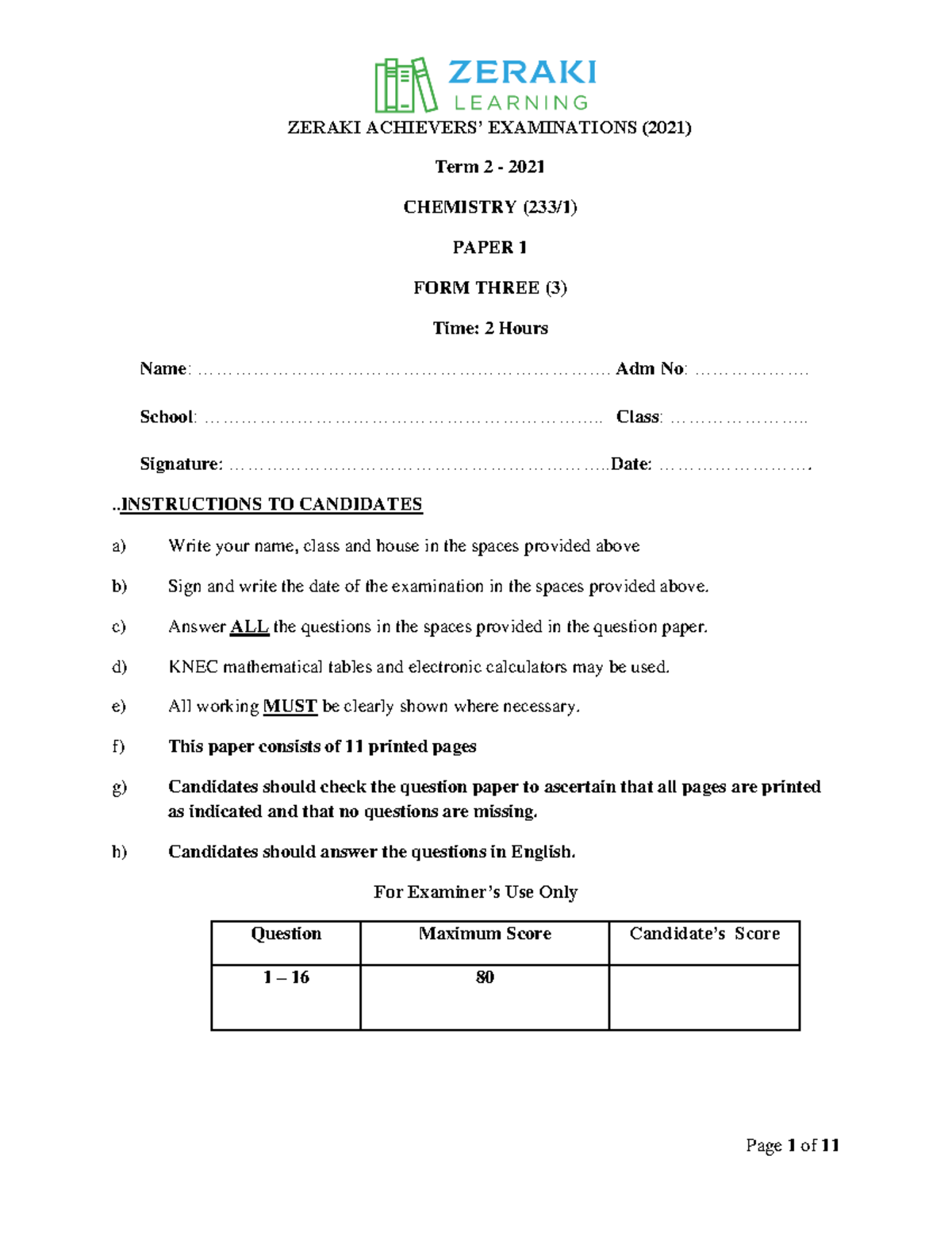 Chemistry Chemistry Form 3 Paper 1 - Zeraki Achievers 4.0 - Question ...
