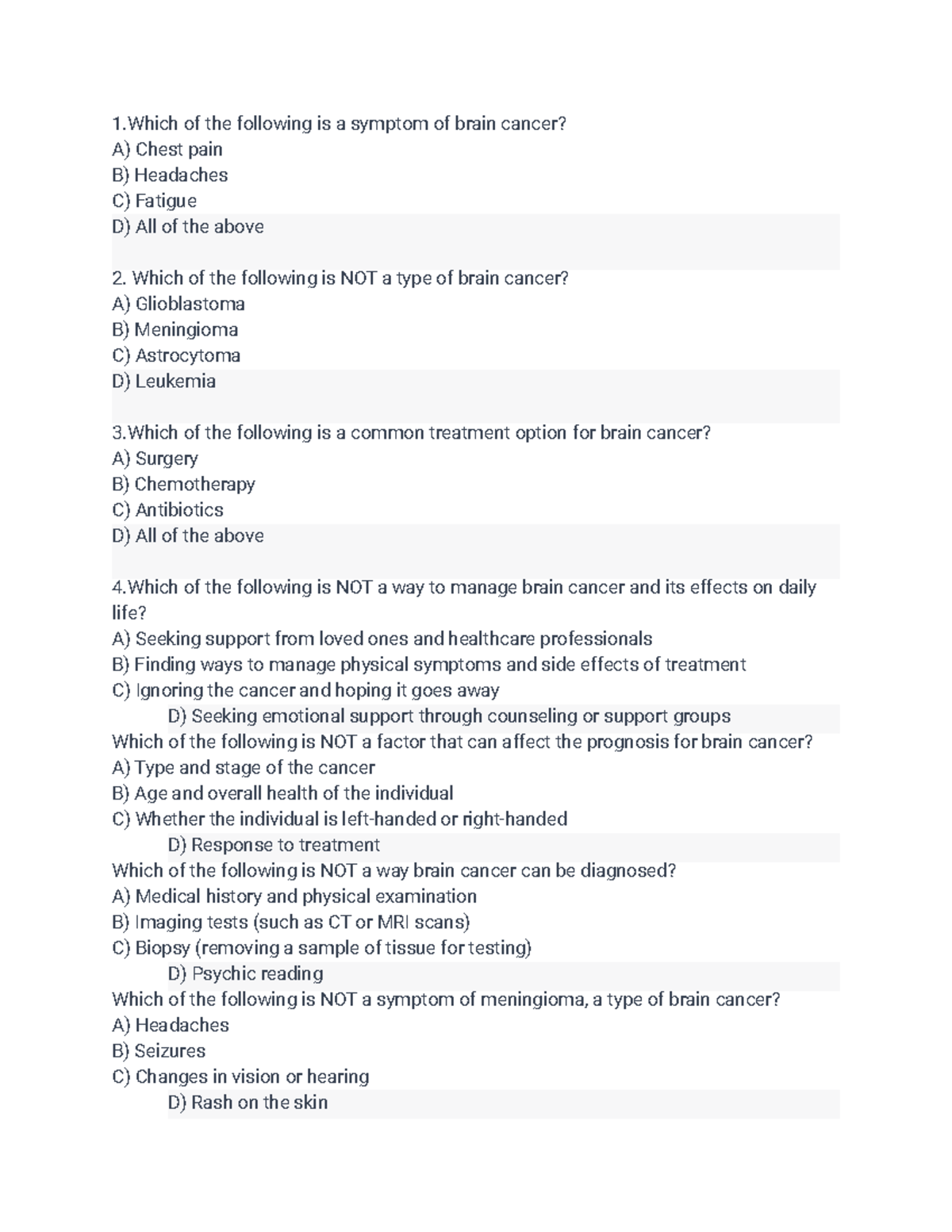 Brain cancer multiple choice - 1 of the following is a symptom of brain ...