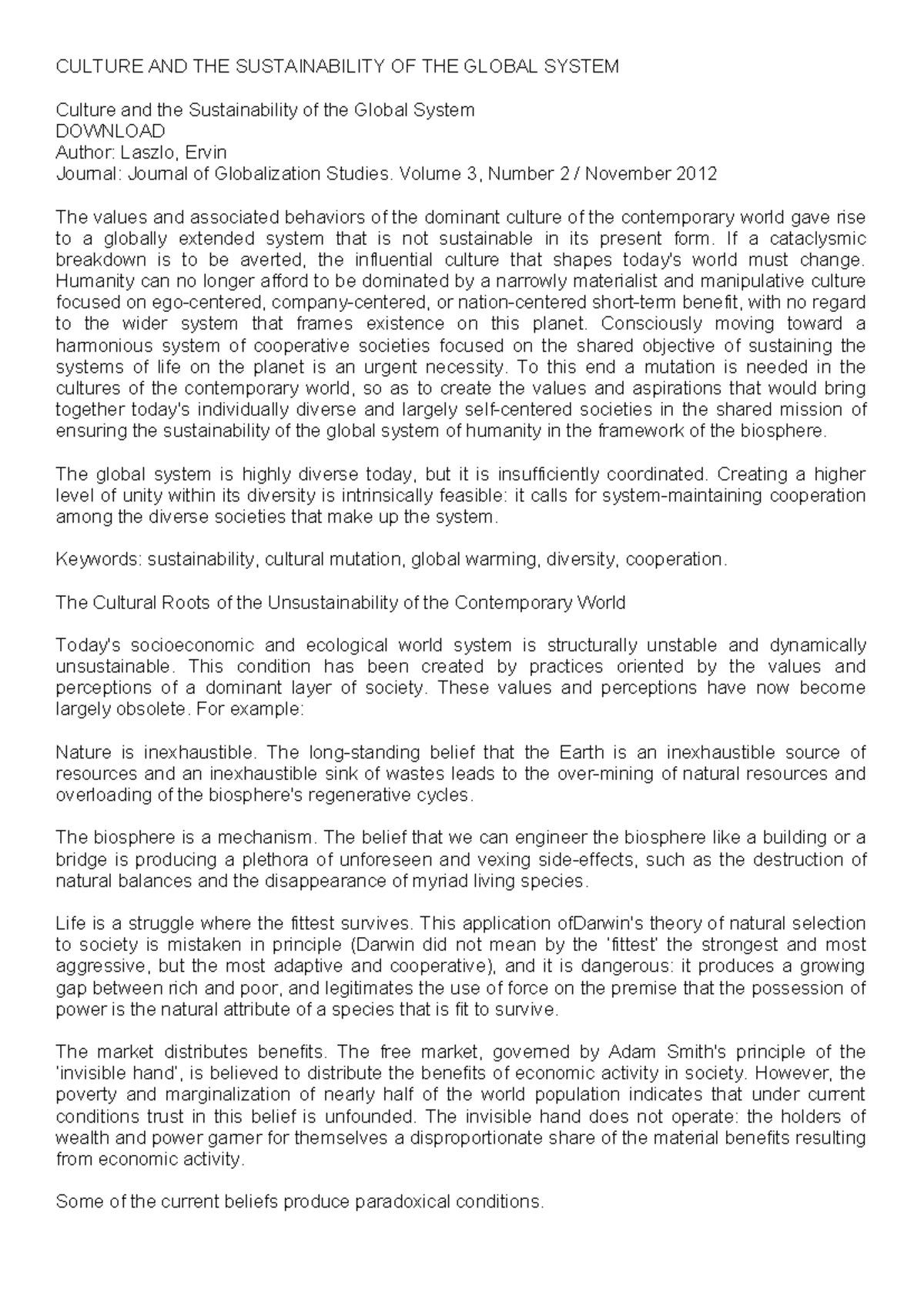 Article contemporary world - CULTURE AND THE SUSTAINABILITY OF THE ...