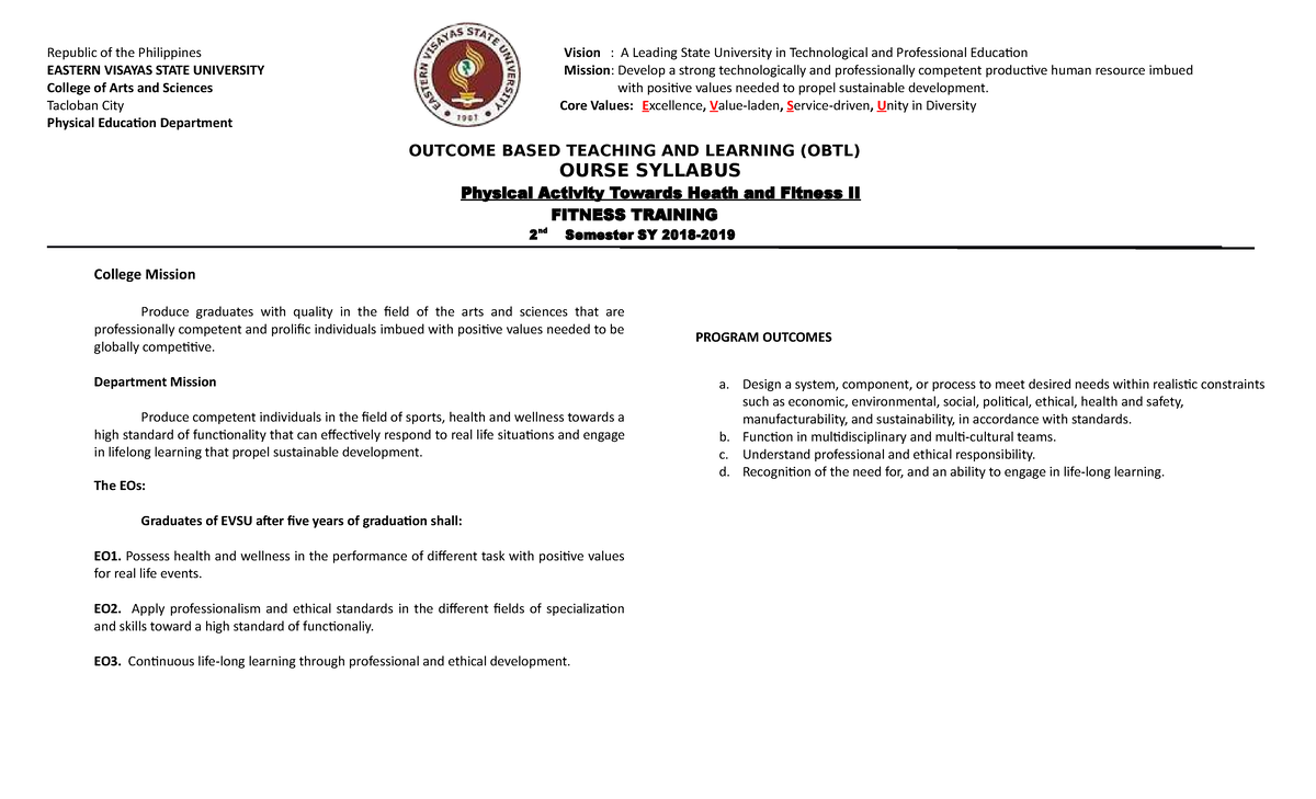 PE 122 PATH-Fit 2 - Syllabus - Republic of the Philippines Vision : A ...