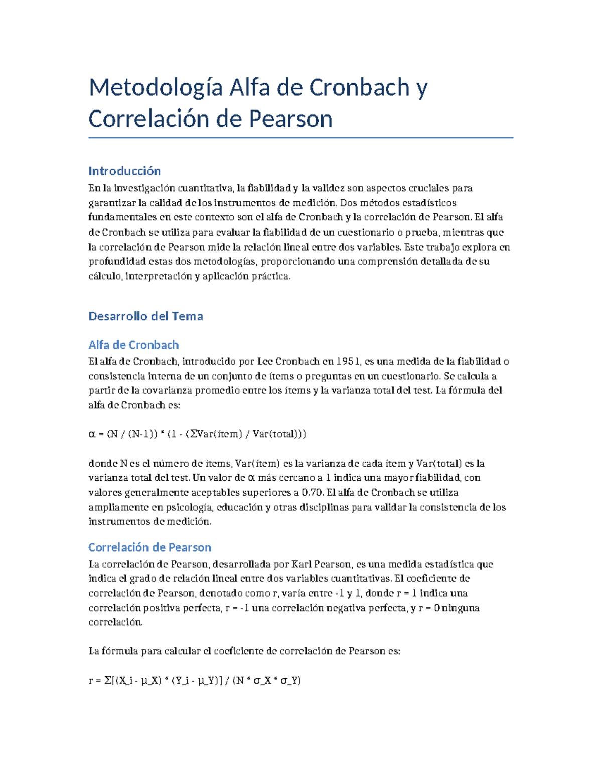 Metodología Alfa de Cronbach y Correlación de Pearson - Metodología ...