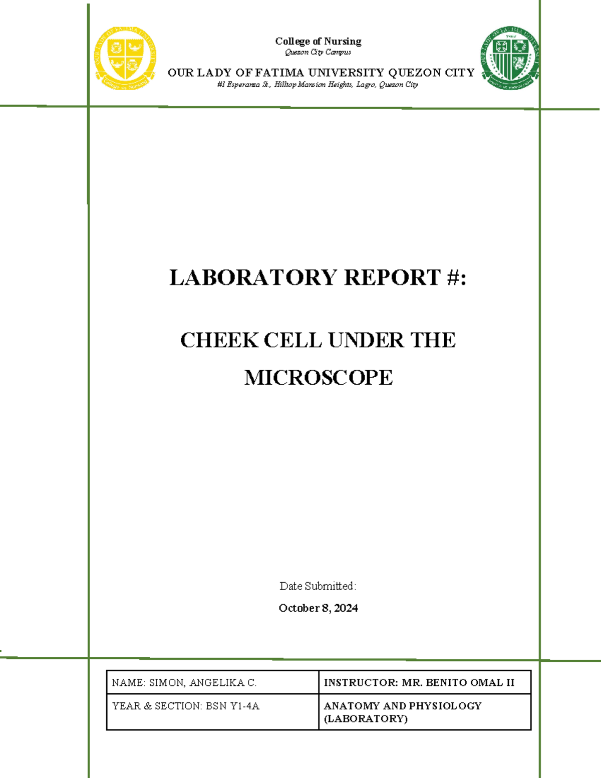 Laboratory- Report- Format - College of Nursing Quezon City Campus OUR ...