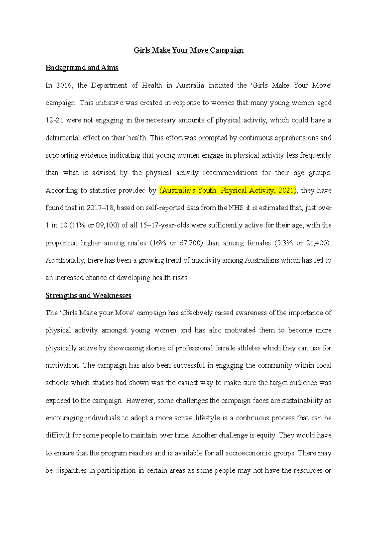 Health promotion and physical activity task 1 - Girls Make Your Move ...