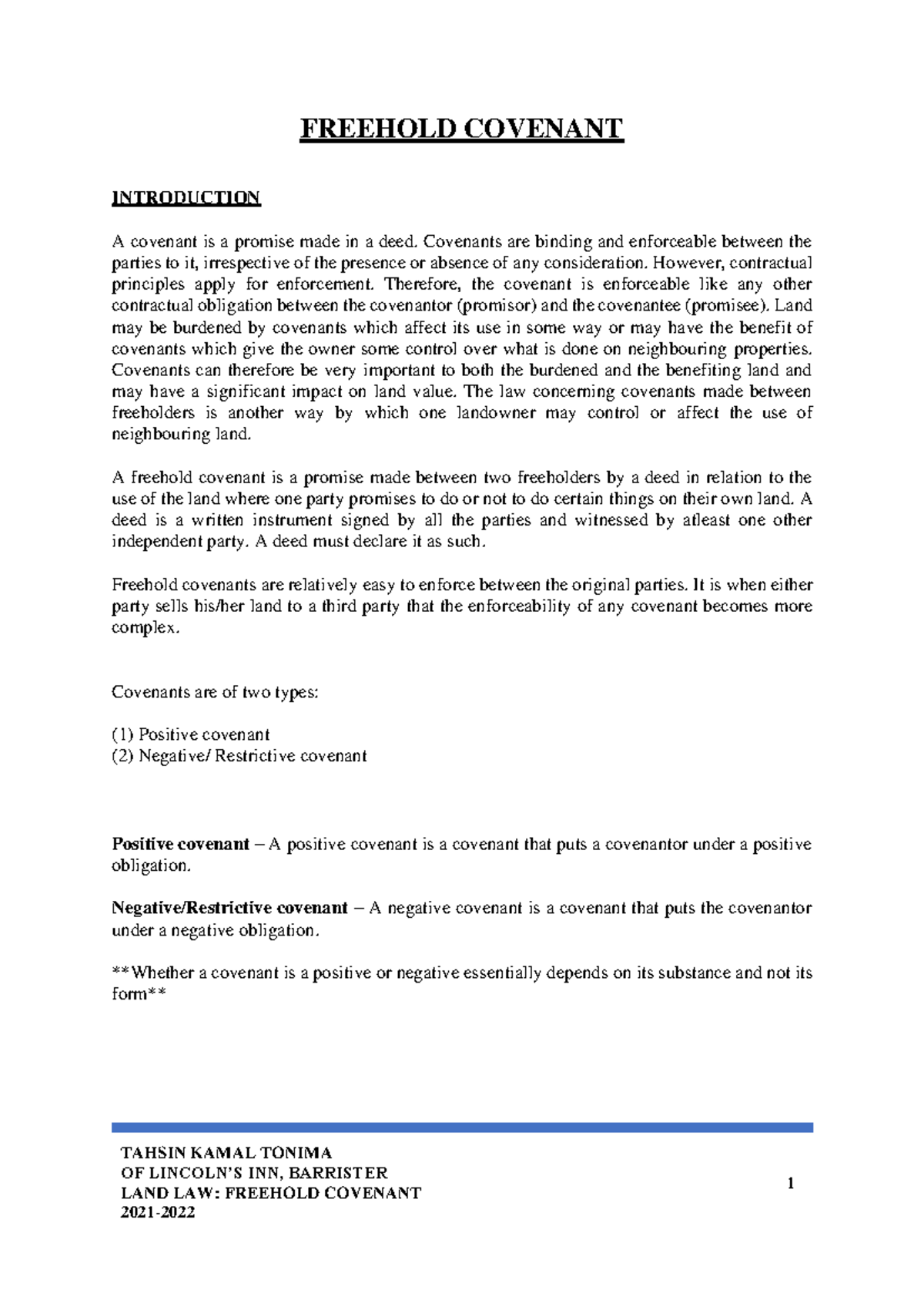 TKT- LAND LAW- Freehold Covenant-2021-2022 - TAHSIN KAMAL TONIMA OF ...