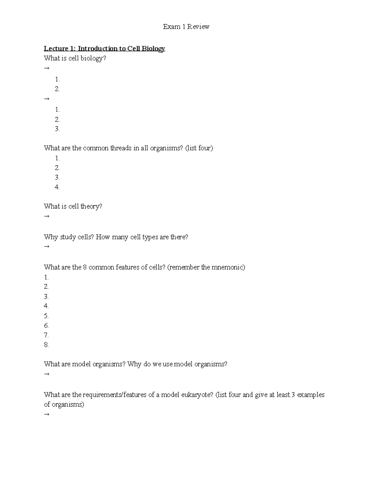 Exam 1 Fill-In Review Worksheet - Lecture 1: Introduction to Cell ...