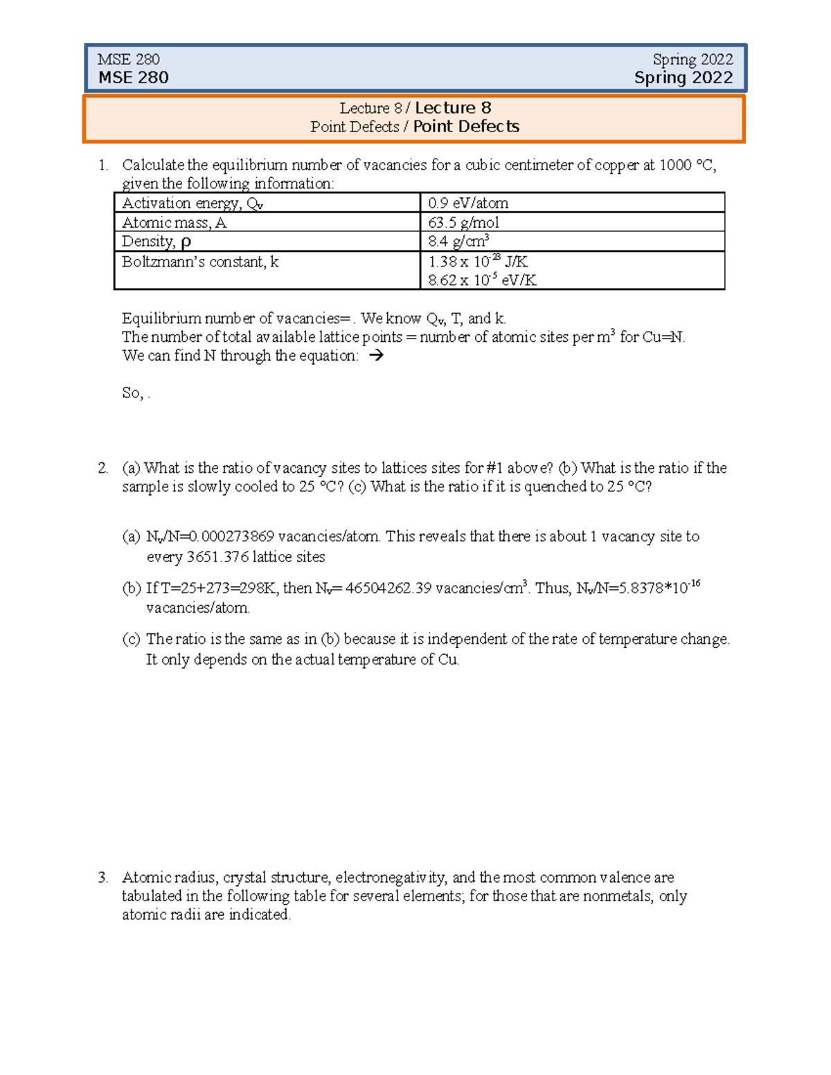 In class worksheet 8 - point defects - MSE 280 Spring 2022 MSE 280 ...
