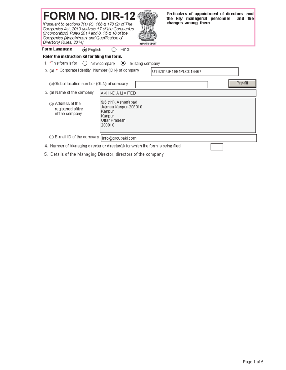 DIR 12 - Bikndd - FORM NO. DIR- Particulars of appointment of directors ...