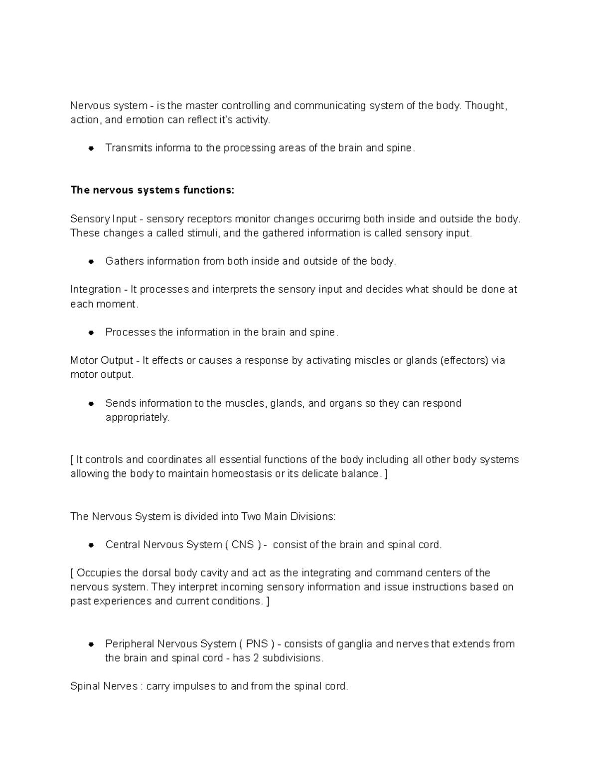 Nervous System - notes summary - Nervous system - is the master ...