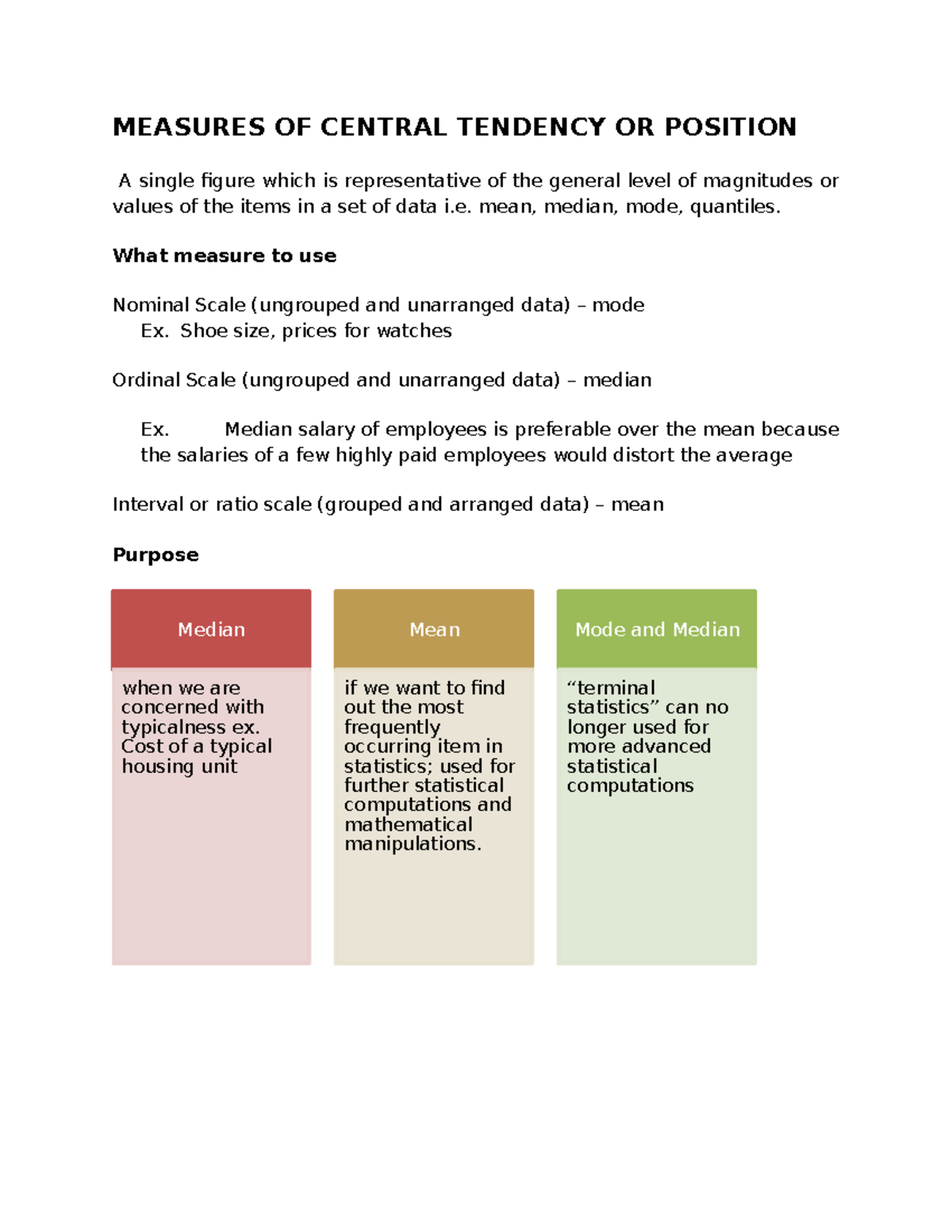 Handout-3 - Ghhhj - MEASURES OF CENTRAL TENDENCY OR POSITION A single ...