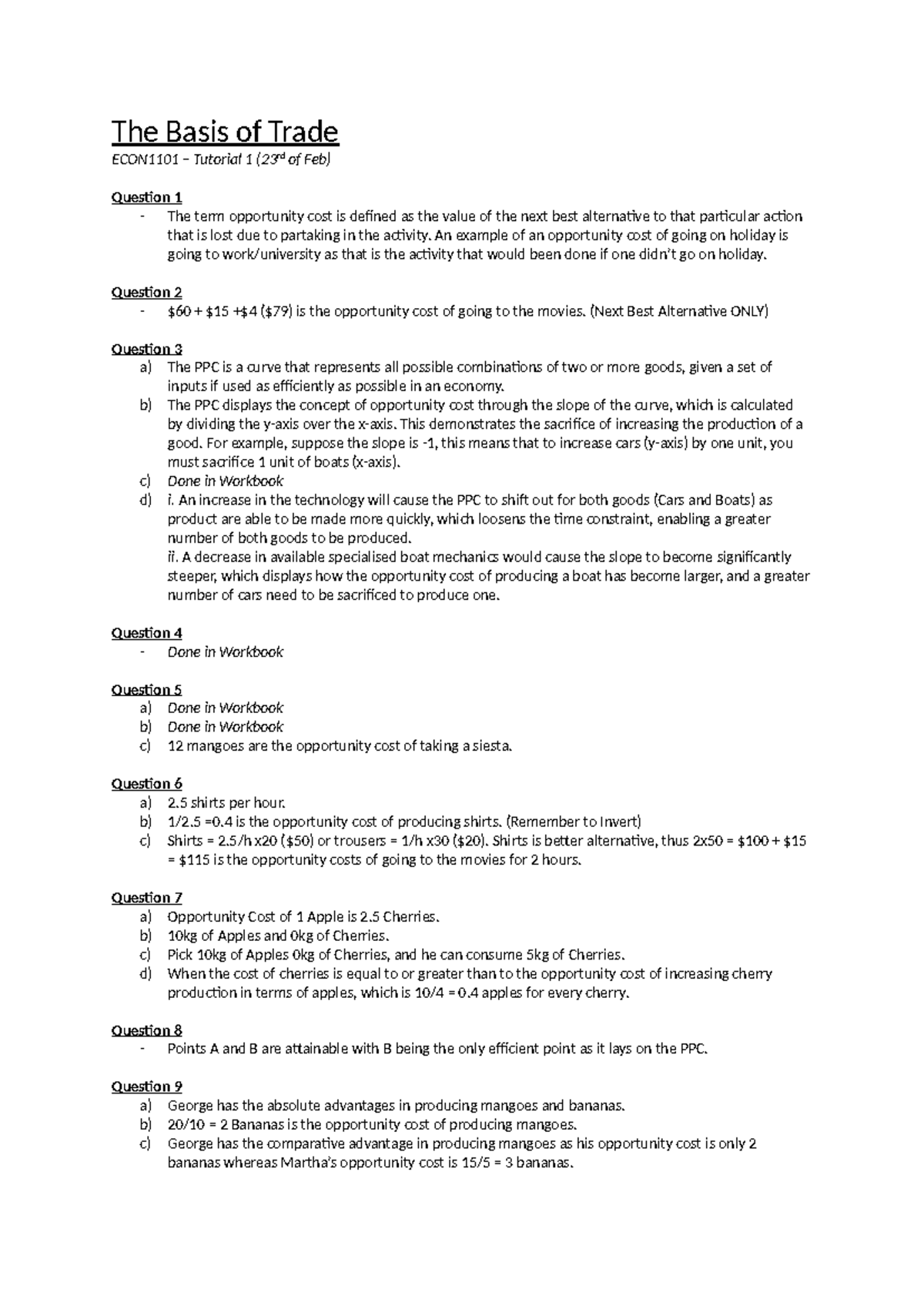 ECON1101 Tutorial 1 Homework - The Basis of Trade ECON1101 – Tutorial 1 ...