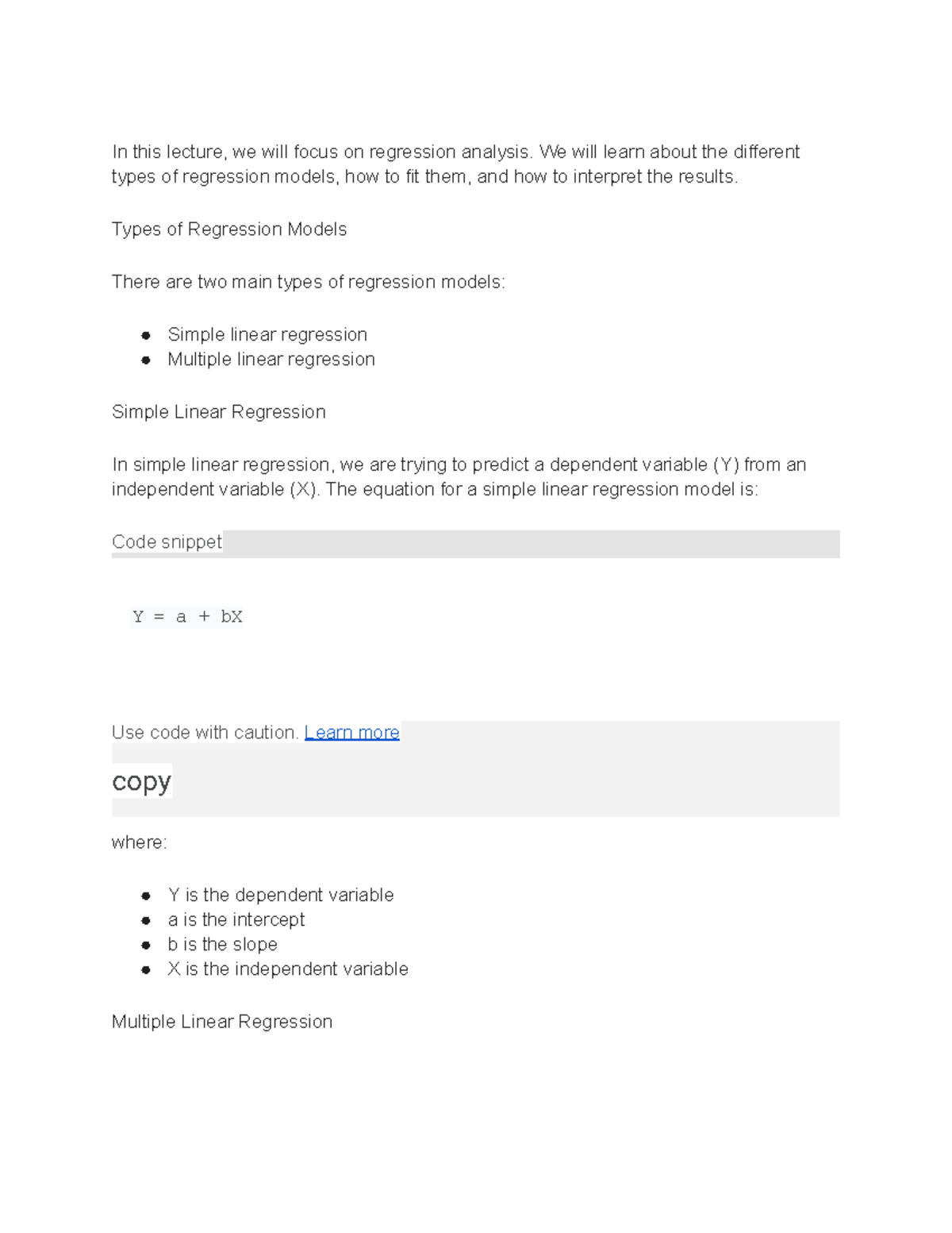 Lecture 5 Regression Analysis - In this lecture, we will focus on ...