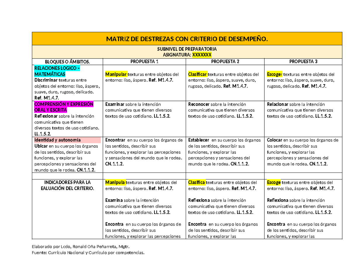 Formato Matriz DE Destrezas - MATRIZ DE DESTREZAS CON CRITERIO DE ...