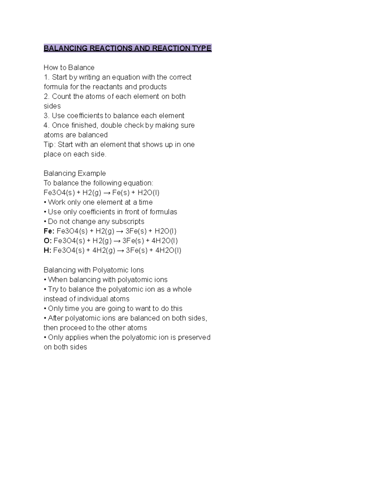 Balancing Reactions AND Reaction TYPE - BALANCING REACTIONS AND ...